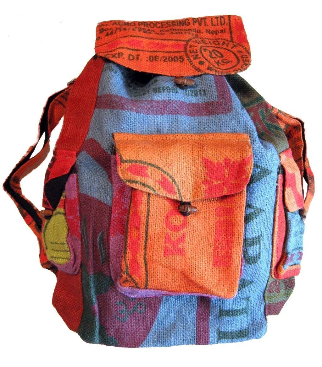 DharmaObjects Lungta Recycled Jute Rice Bag Backpack Hand Made Nepal Multi Color