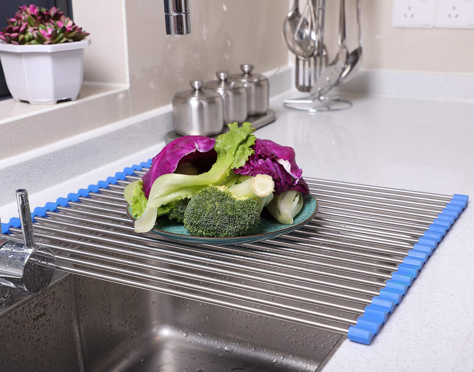 Ahyuan 17.8''x16'' Roll up Dish Drying Rack Over The Sink Dish Drying Rack 304 Stainless Steel Dish Rack Foldable Dish Drainers for Kitchen Sink Counter (Blue)