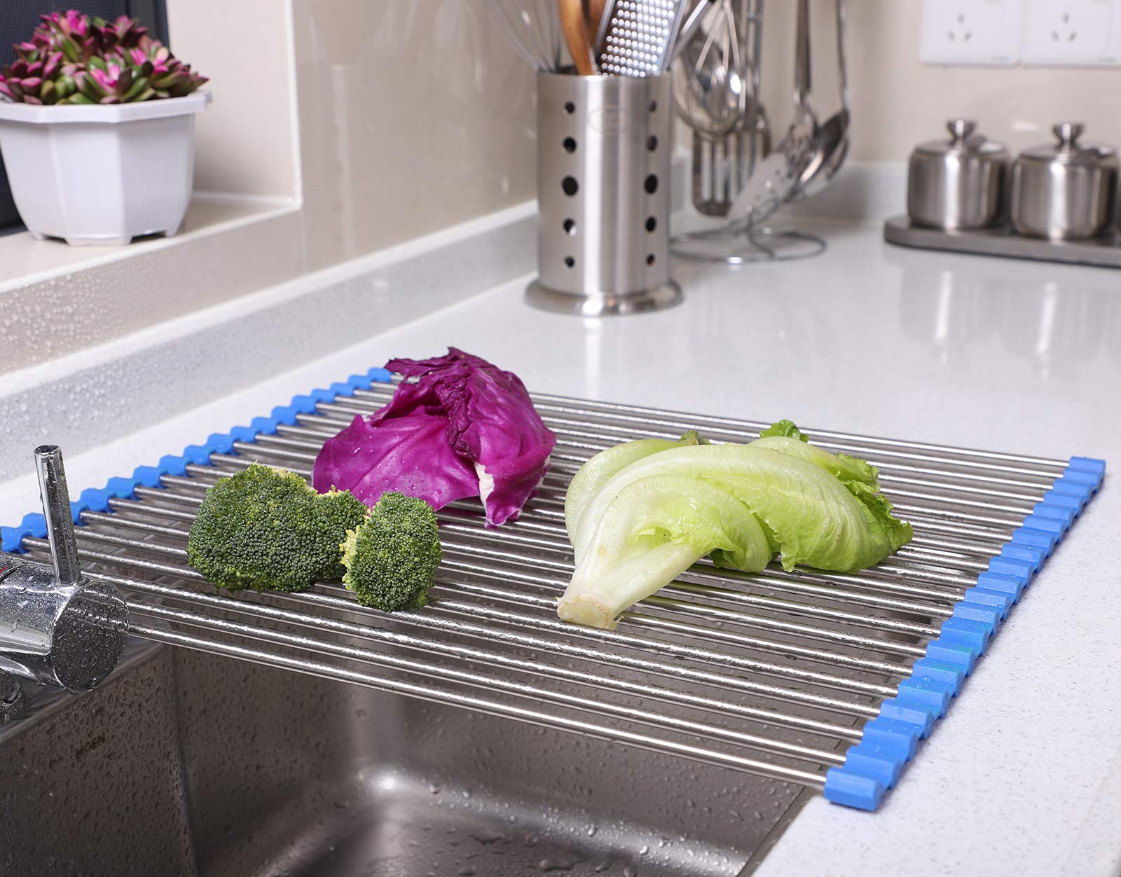 Ahyuan 17.8''x16'' Roll up Dish Drying Rack Over The Sink Dish Drying Rack 304 Stainless Steel Dish Rack Foldable Dish Drainers for Kitchen Sink Counter (Blue)
