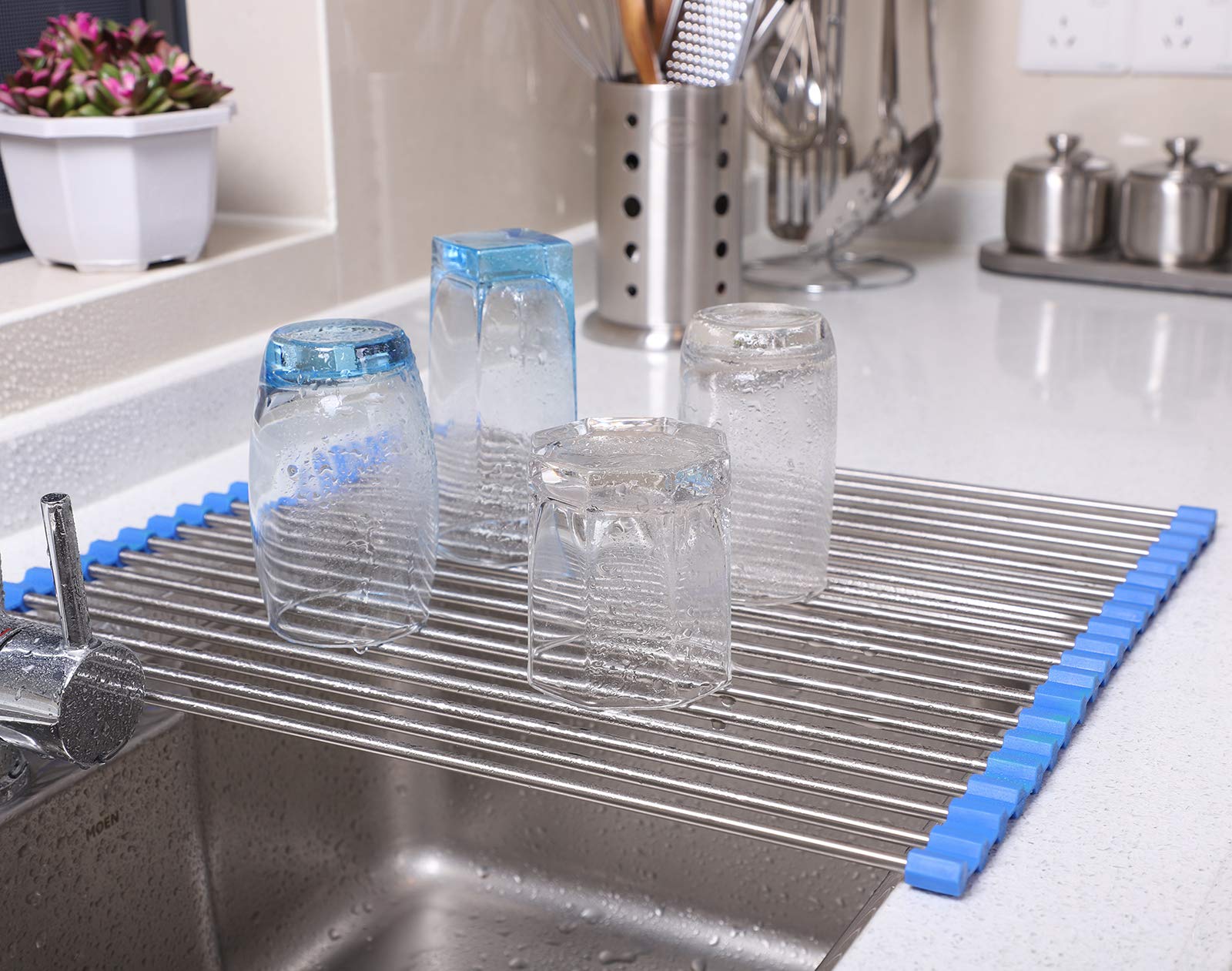 Ahyuan 17.8''x16'' Roll up Dish Drying Rack Over The Sink Dish Drying Rack 304 Stainless Steel Dish Rack Foldable Dish Drainers for Kitchen Sink Counter (Blue)