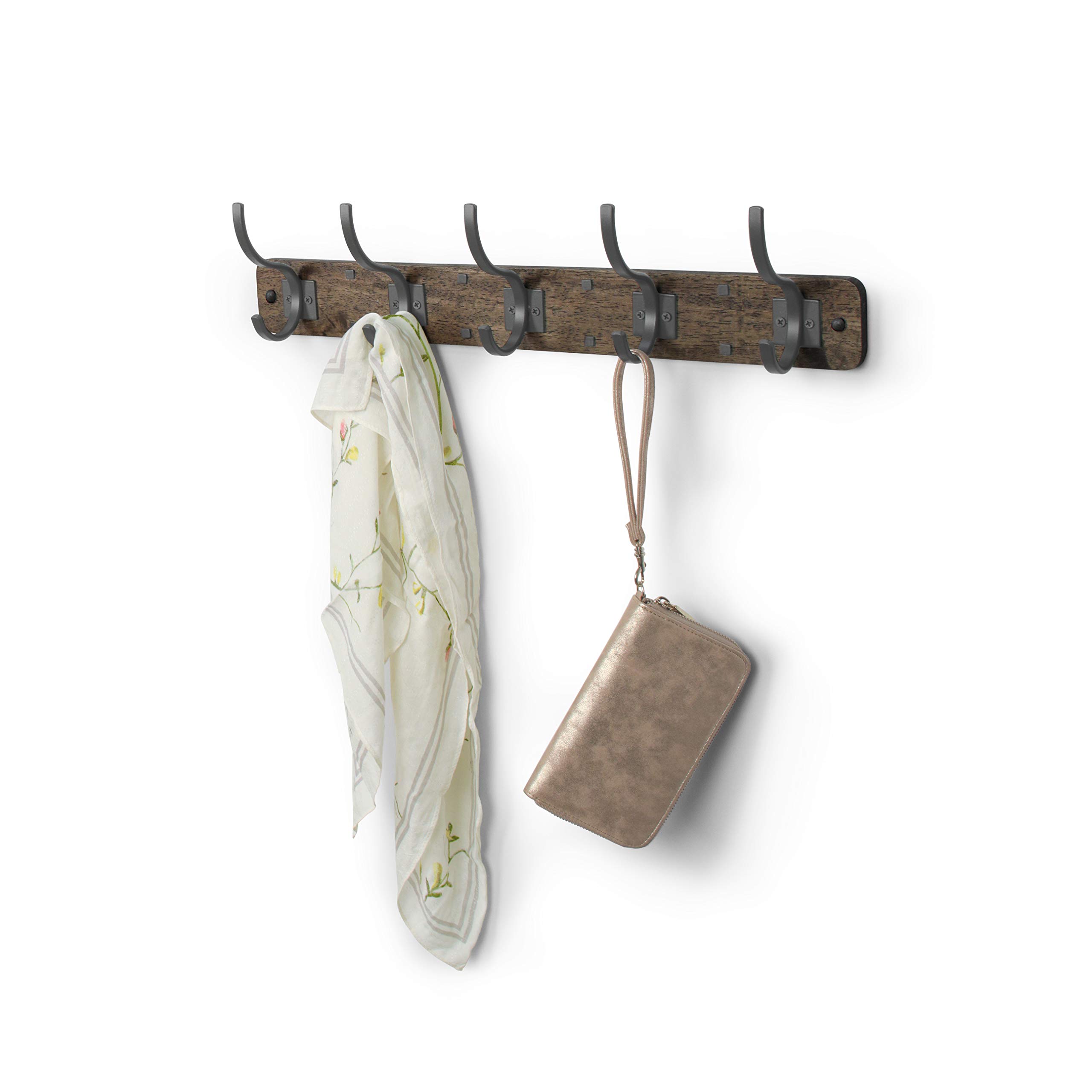 Spectrum Diversified Richmond Wall Mount 5 Hook Wood Rack for Storage and Organization of Entryway Bedroom and More, Coffee/Industrial Gray