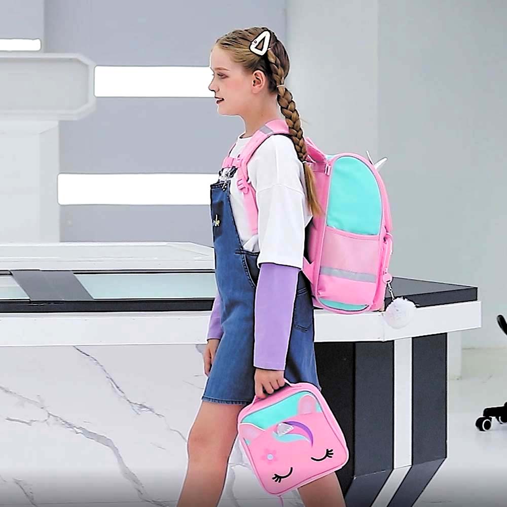 KLFVB 3PCS Girls Backpack , 15" Sequin Unicorn Bookbag with Lunch Box, Kids Preschool School bag for Elementary Students - Pink