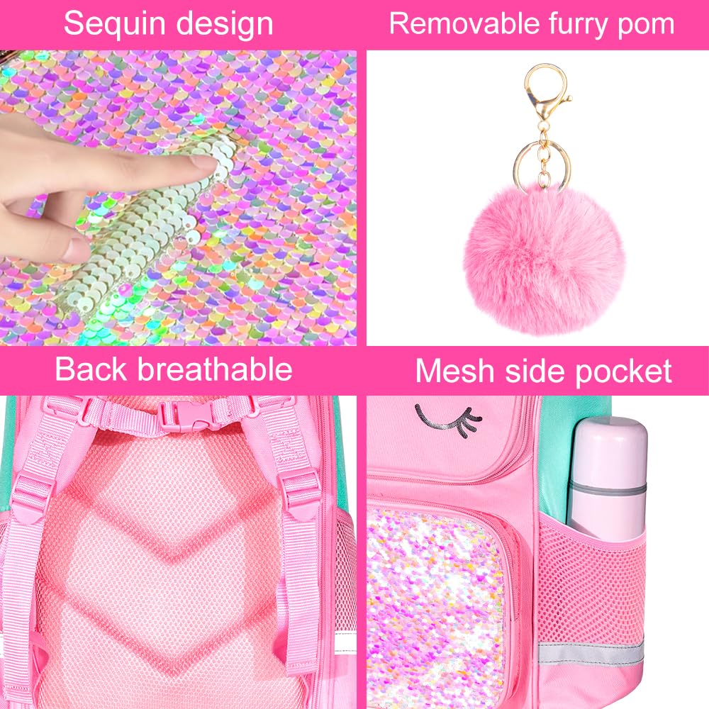 KLFVB 3PCS Girls Backpack , 15" Sequin Unicorn Bookbag with Lunch Box, Kids Preschool School bag for Elementary Students - Pink