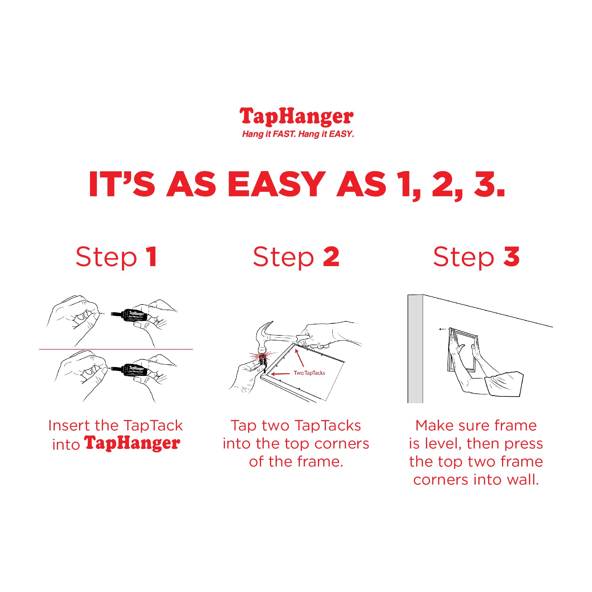 TapHanger Picture Frame Hanging Kit for Drywall - Easy To Use Picture Hanging Tool to Quickly Hang Wooden Frames & Canvases in Less Than A Minute -Includes 80 Reusable TapTacks & Holds Up to 20 Pounds