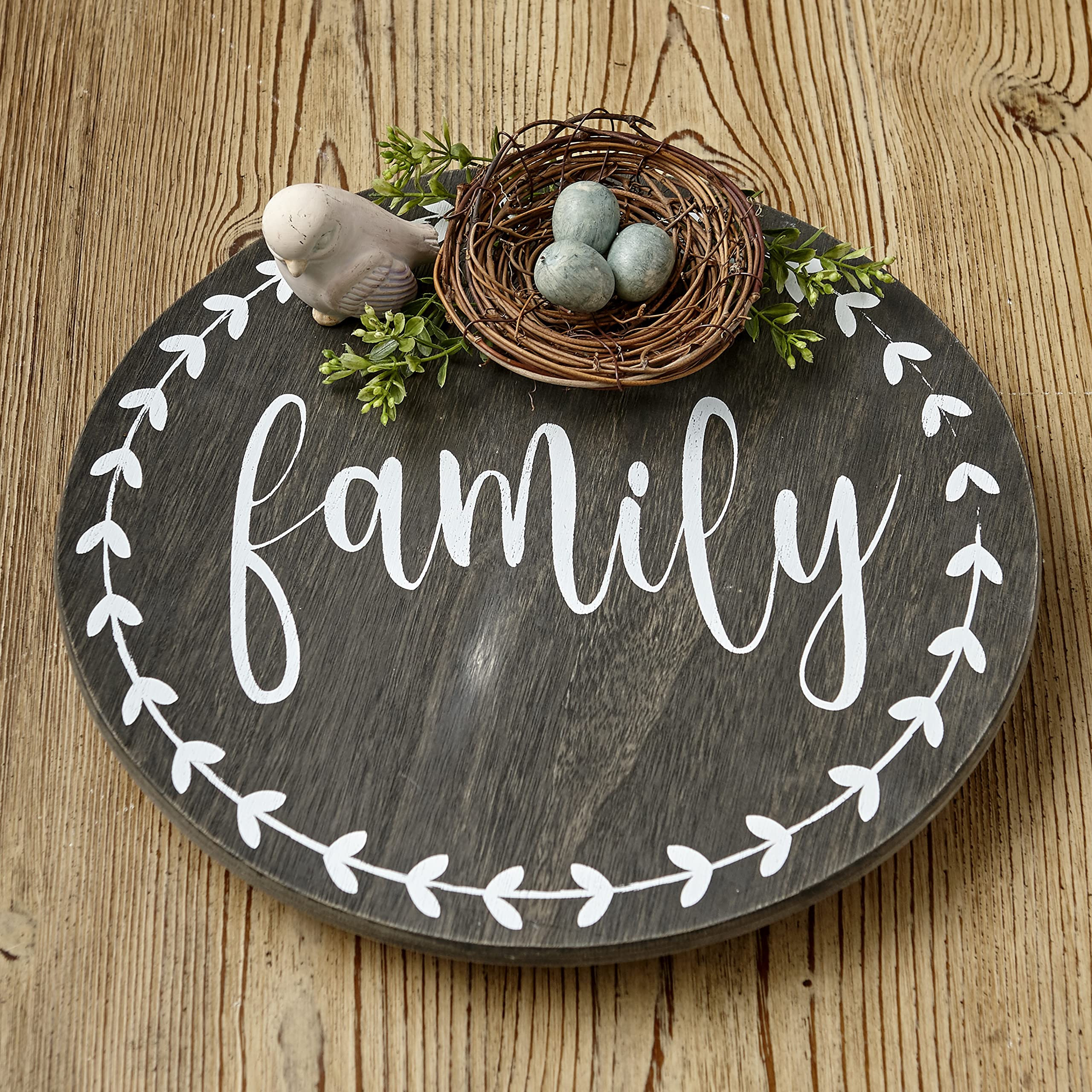 Rotatable Lazy Susan with Sentimental Phrase and Bold Leaf Accents - Family