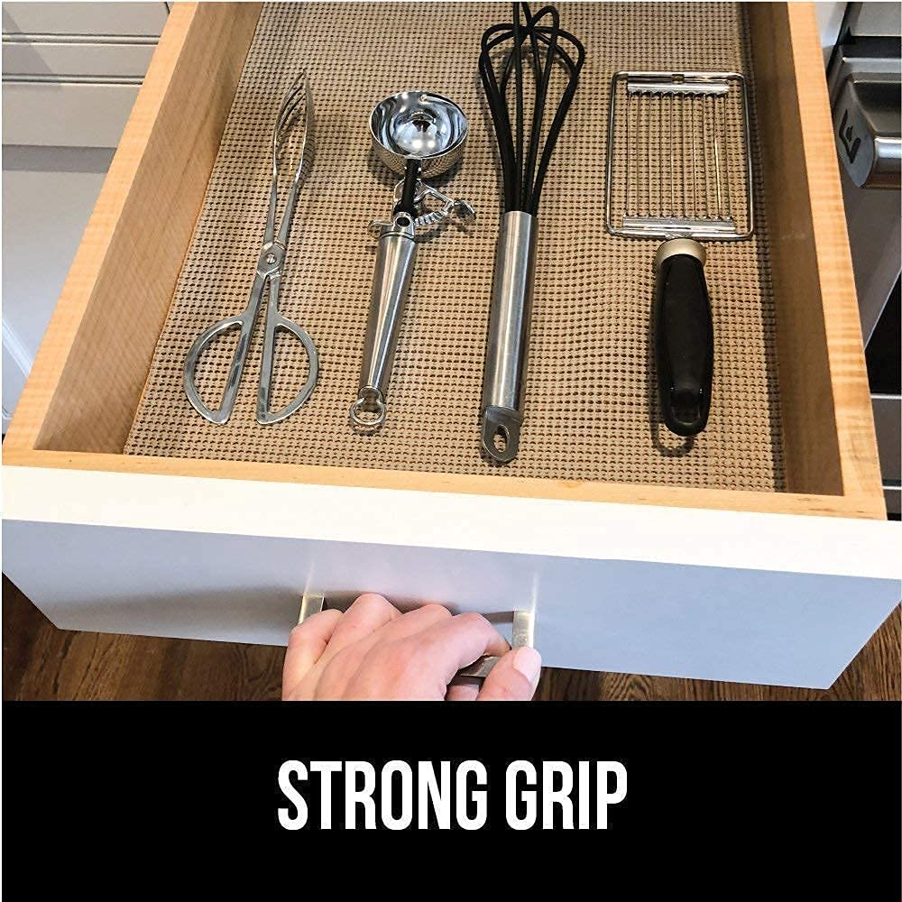 Gorilla Grip Drawer Liner and Under Sink Mat, Drawer Liner Size 12x20 in Beige, and Under Sink Mat Size 24x30 in Charcoal, 2 Item Bundle