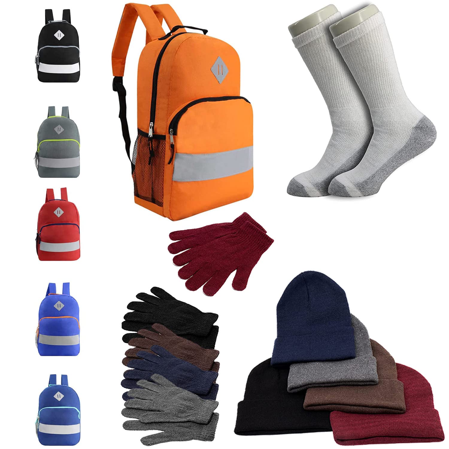 Bulk Case of 12 Backpacks and 12 Winter Item Sets and 12 Socks - Wholesale Care Package - Emergencies, Homeless, Charity