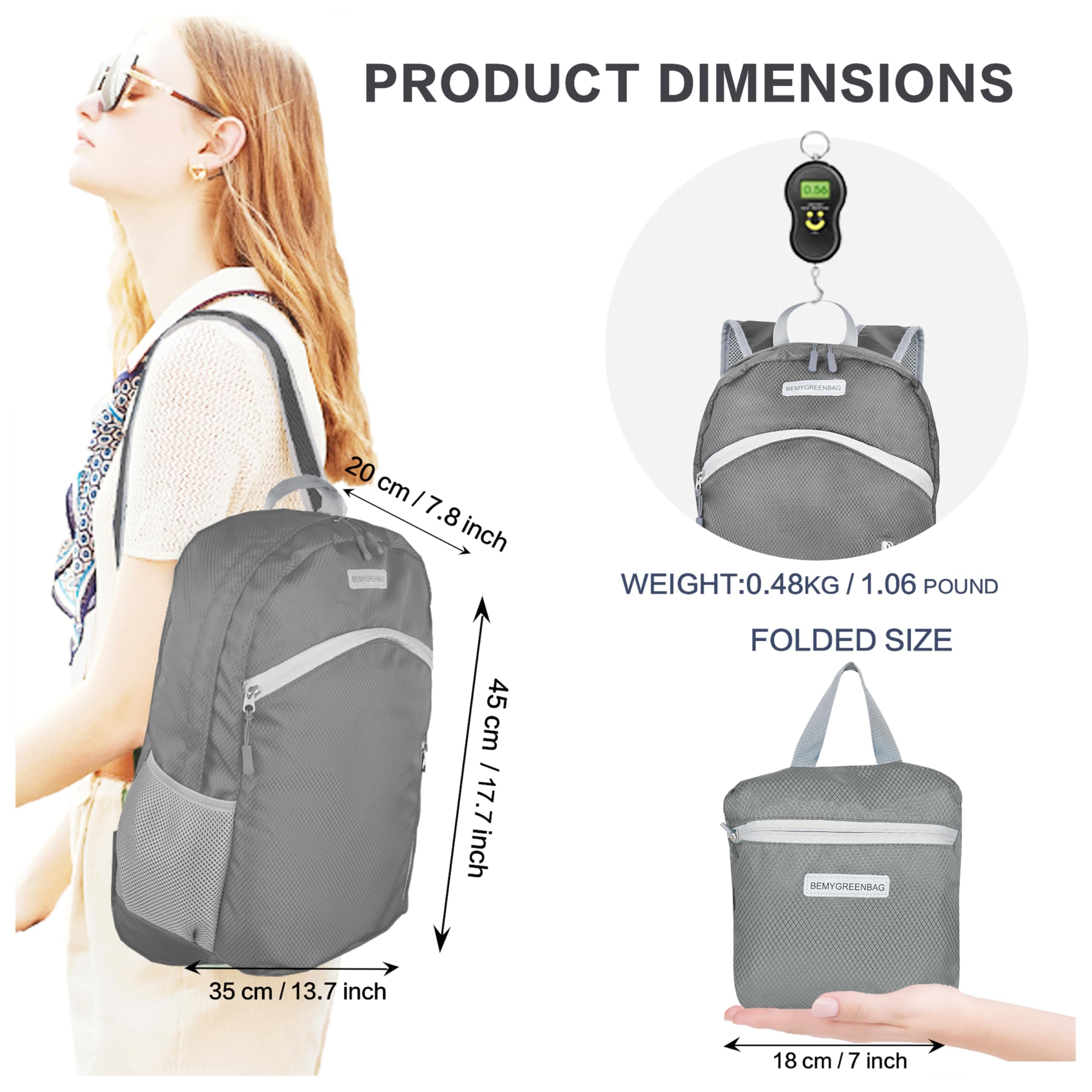 BEMYGREENBAG Waterproof foldable backpack lightweight packable bag for outdoor sport swimming kayaking Wet and Dry separated kids camping backpack (Grey)