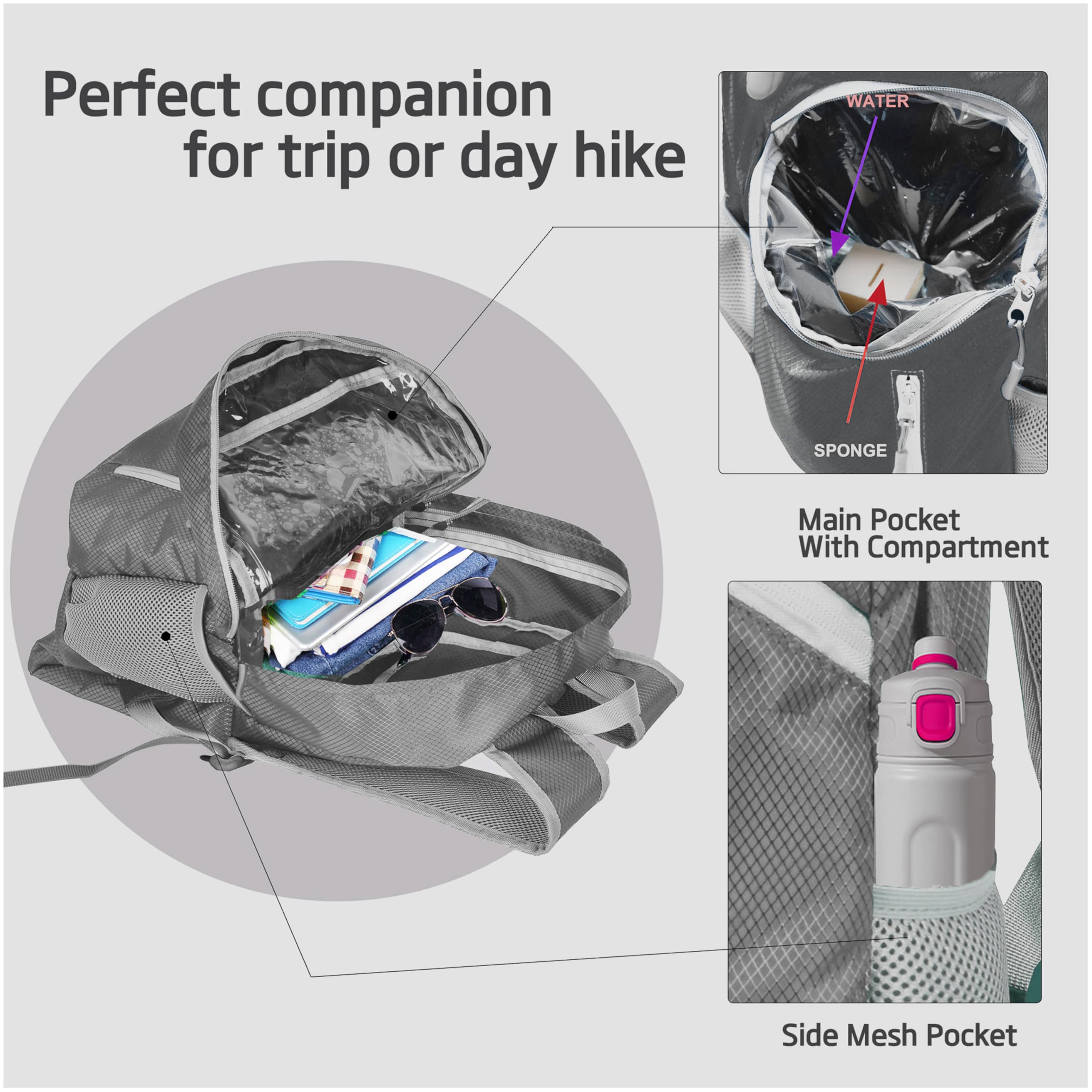 BEMYGREENBAG Waterproof foldable backpack lightweight packable bag for outdoor sport swimming kayaking Wet and Dry separated kids camping backpack (Grey)