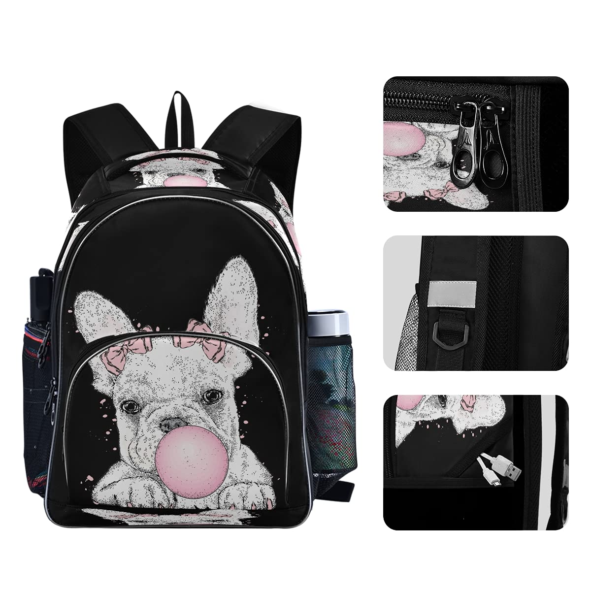 Backpack School Bookbag Cute French Bulldog Schoolbag with Water Bottle Pocket One Size