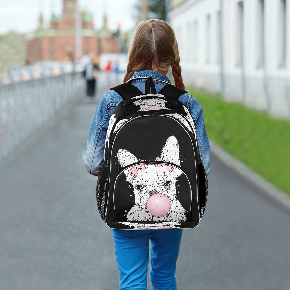 Backpack School Bookbag Cute French Bulldog Schoolbag with Water Bottle Pocket One Size