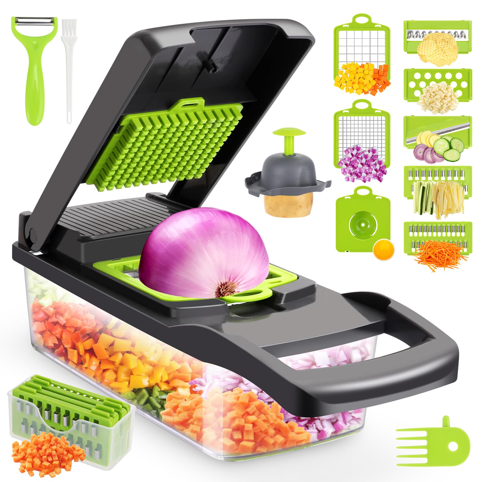 Vegetable Chopper,Senbowe Multifunctional 13-in-1 Food Choppers Onion Chopper Vegetable Slicer Cutter Dicer Veggie chopper with 8 Blades,Colander Basket,Container for Salad Potato Carrot Garlic