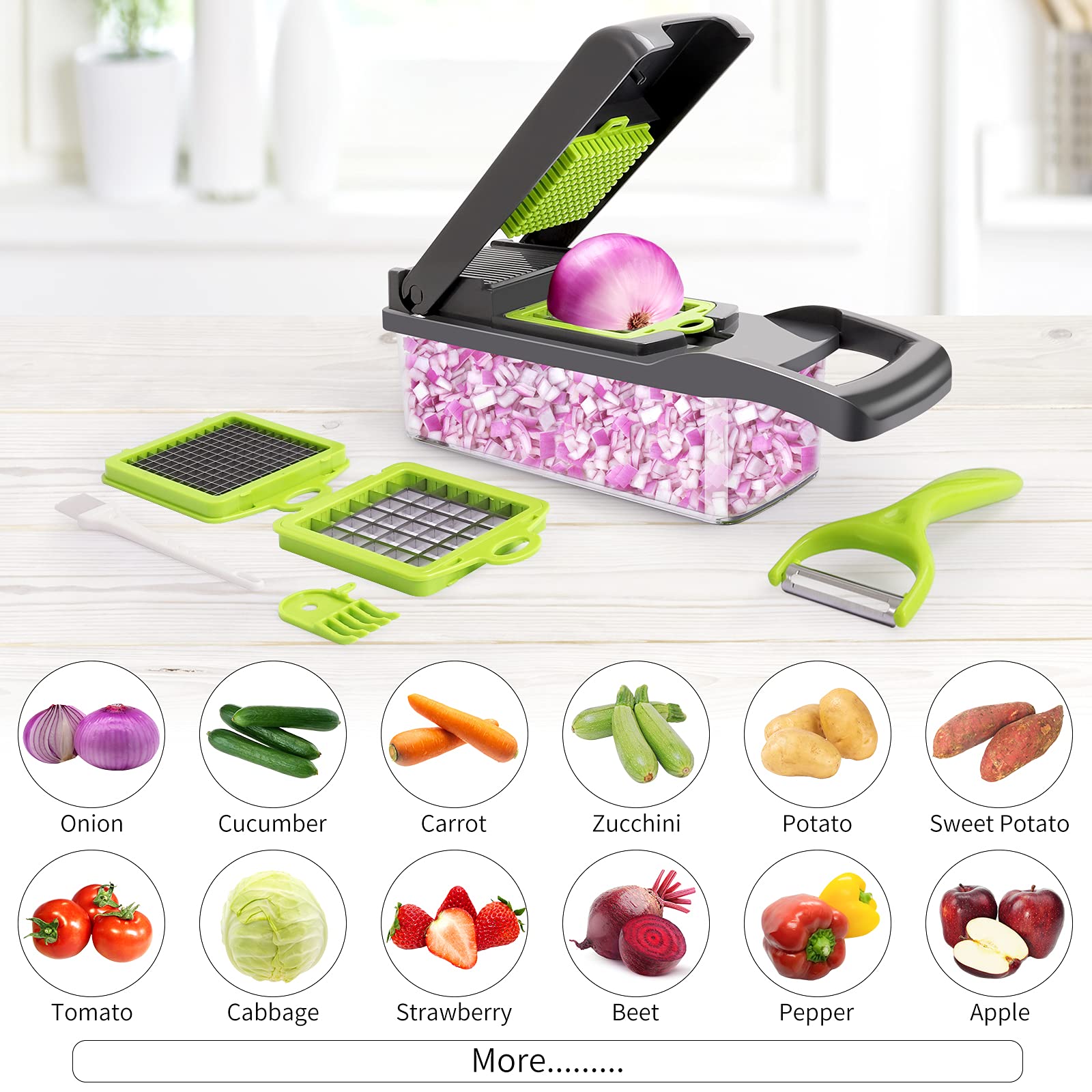 Vegetable Chopper,Senbowe Multifunctional 13-in-1 Food Choppers Onion Chopper Vegetable Slicer Cutter Dicer Veggie chopper with 8 Blades,Colander Basket,Container for Salad Potato Carrot Garlic