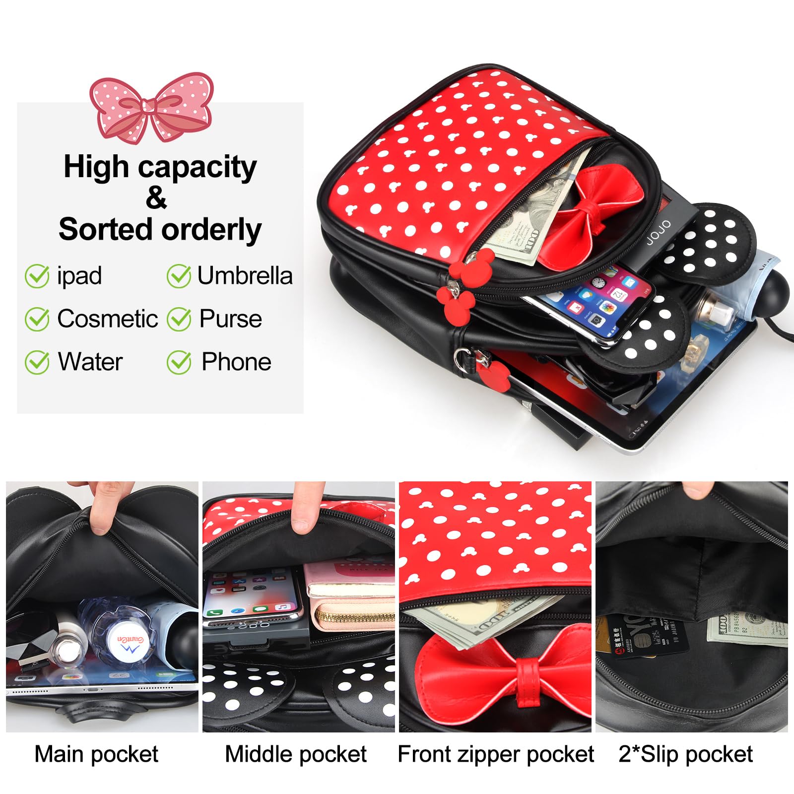 Mini Backpack for Girls Bowknot Polka Dot Cute Mini Mouse Backpack for Toddler Little Girl Backpack Kids Small Backpack Leather Convertible Shoulder Bag Purse for Women Children Travel Backpack
