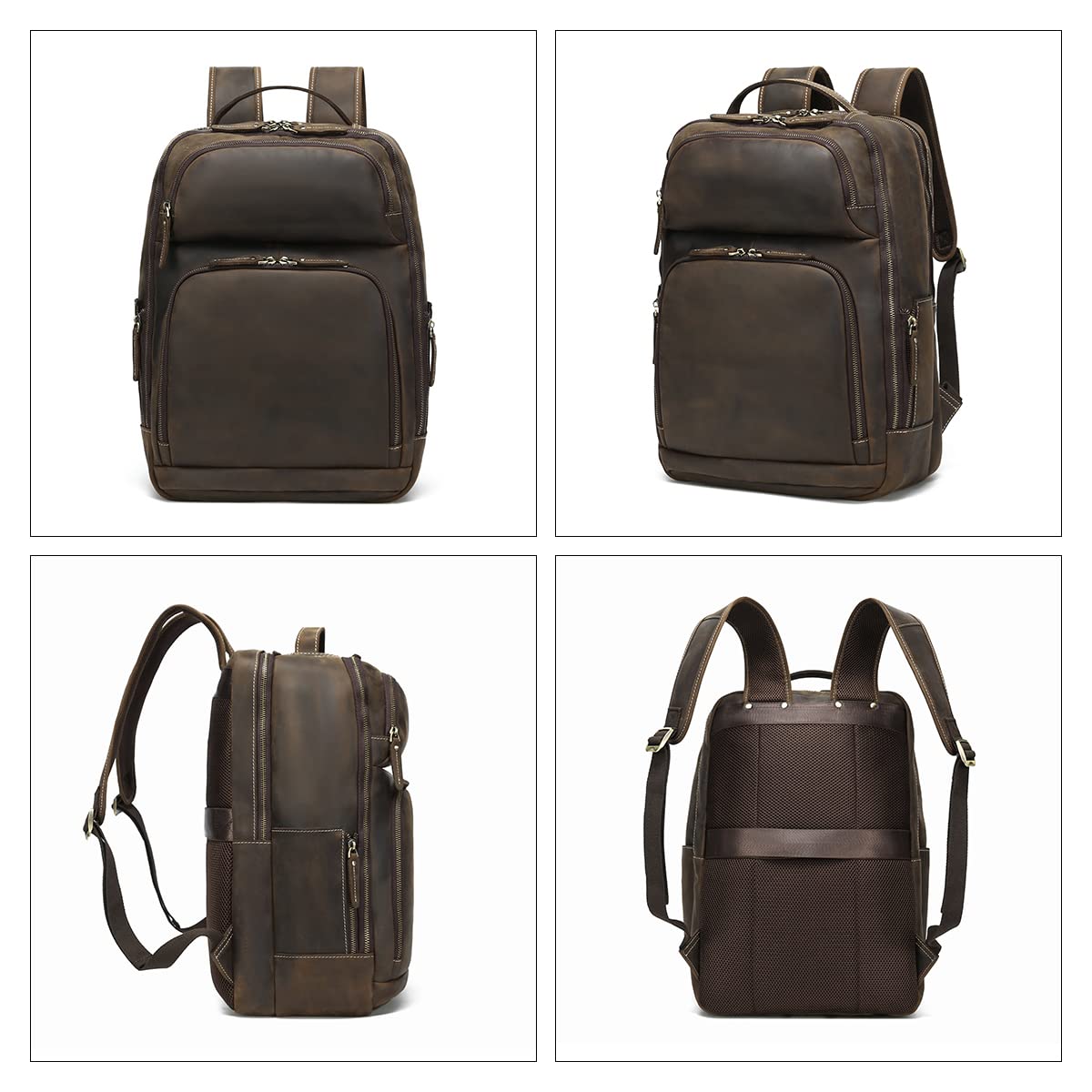 Hespary Full Grain Leather Travel Backpack For Man Hiking Backpack Rucksack Casual Daypack Bag Fit 17.3 Inch Laptop