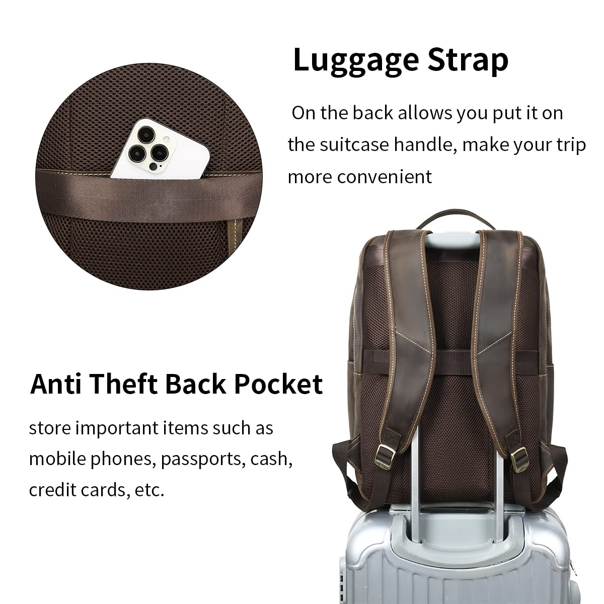 Hespary Full Grain Leather Travel Backpack For Man Hiking Backpack Rucksack Casual Daypack Bag Fit 17.3 Inch Laptop