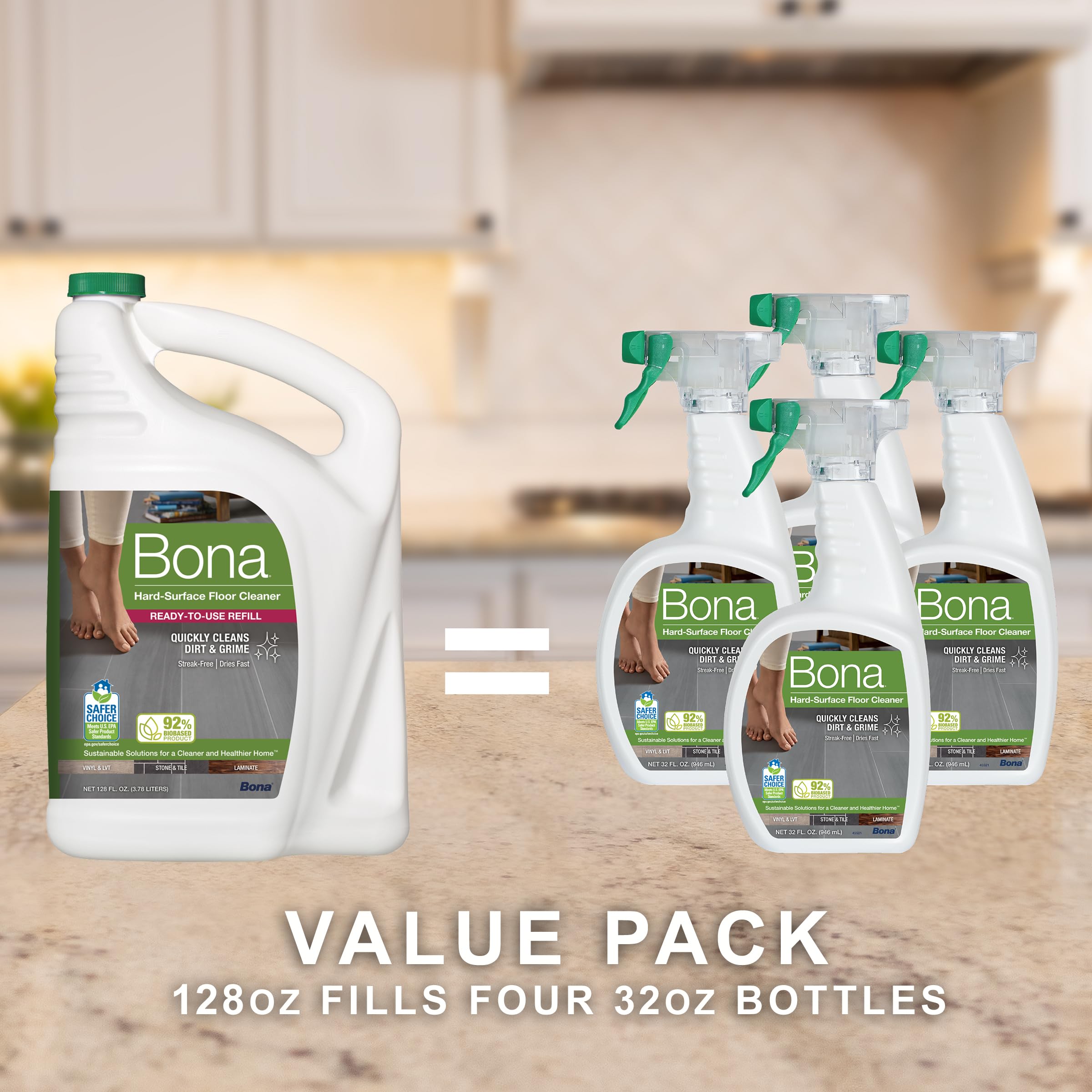 Bona Multi-Surface Floor Cleaner Refill, for Stone Tile Laminate and Vinyl LVT/LVP, 128 Fl Oz