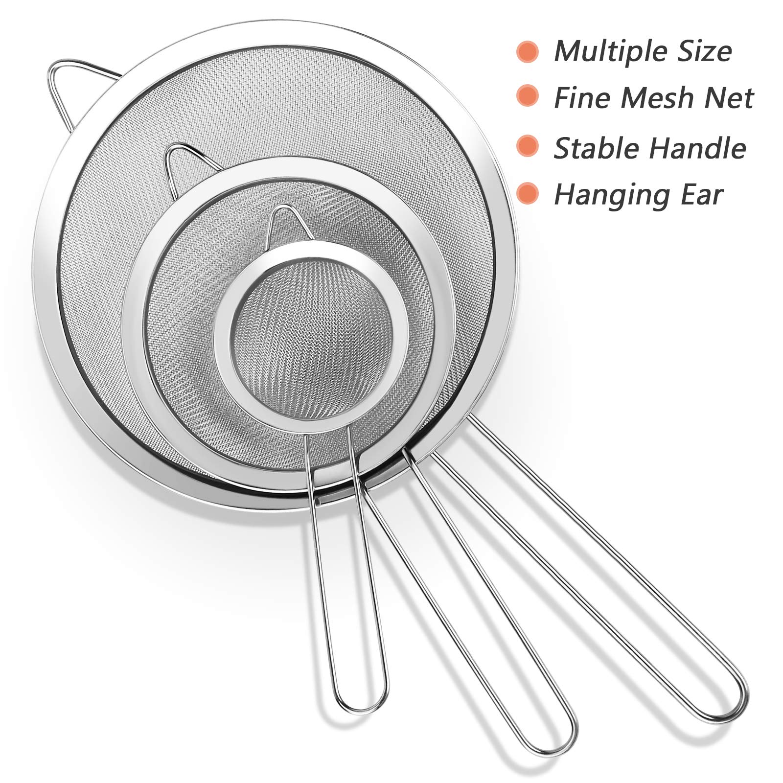 YLYL 3 Pcs Super Wire Extra Fine Mesh Strainer with Handle, Small Medium Large Size Sifter Metal Strainer Set, Stainless Steel Sieve Fine Mesh Strainers for Kitchen Rice Juice Quinoa Food Flour Baking