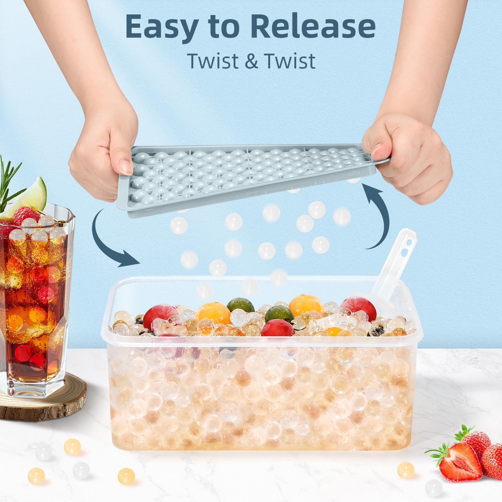 WIBIMEN Mini Ice Cube Trays, Upgraded Small Ice Cube Trays Easy Release, 104x4 PCS Tiny Ice Cube Tray Crushed Ice Tray for Chilling Drinks Coffee Juice(4Pack Blue Ice trays & Ice Bin & Ice Scoop)
