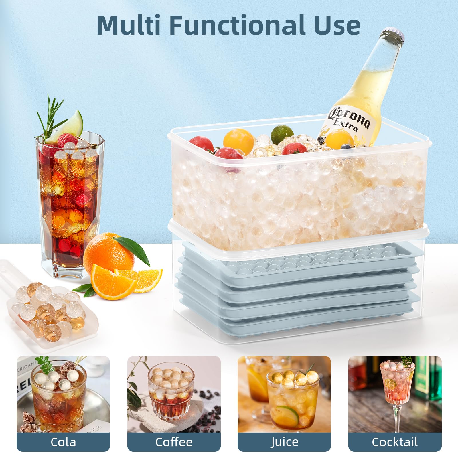 WIBIMEN Mini Ice Cube Trays, Upgraded Small Ice Cube Trays Easy Release, 104x4 PCS Tiny Ice Cube Tray Crushed Ice Tray for Chilling Drinks Coffee Juice(4Pack Blue Ice trays & Ice Bin & Ice Scoop)