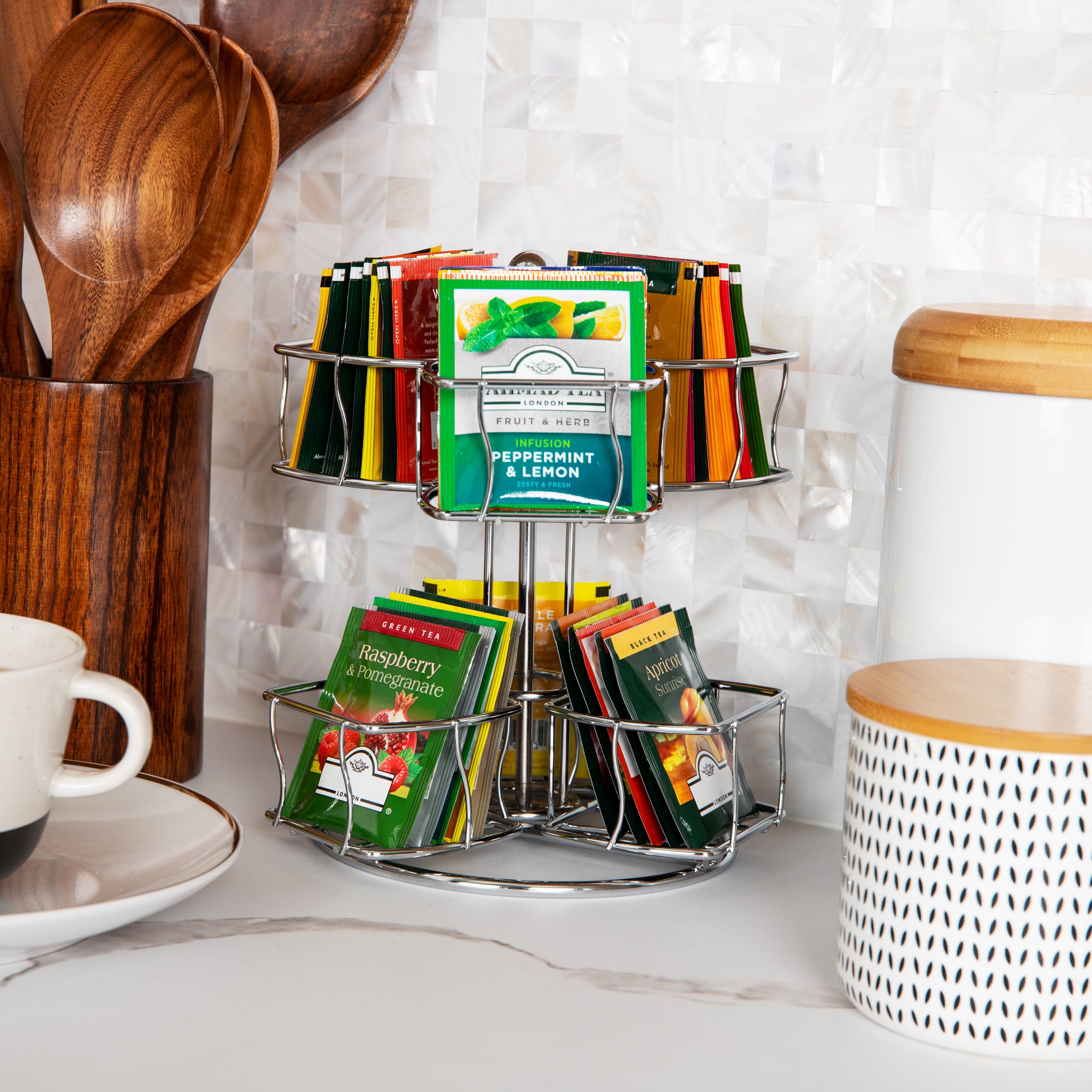 Mind Reader Tea Bag Carousel, Wire Holder, Rotating Organizer, Lazy Susan, Holds up to 60, 7 x 7 x 8.5 inches, Silver