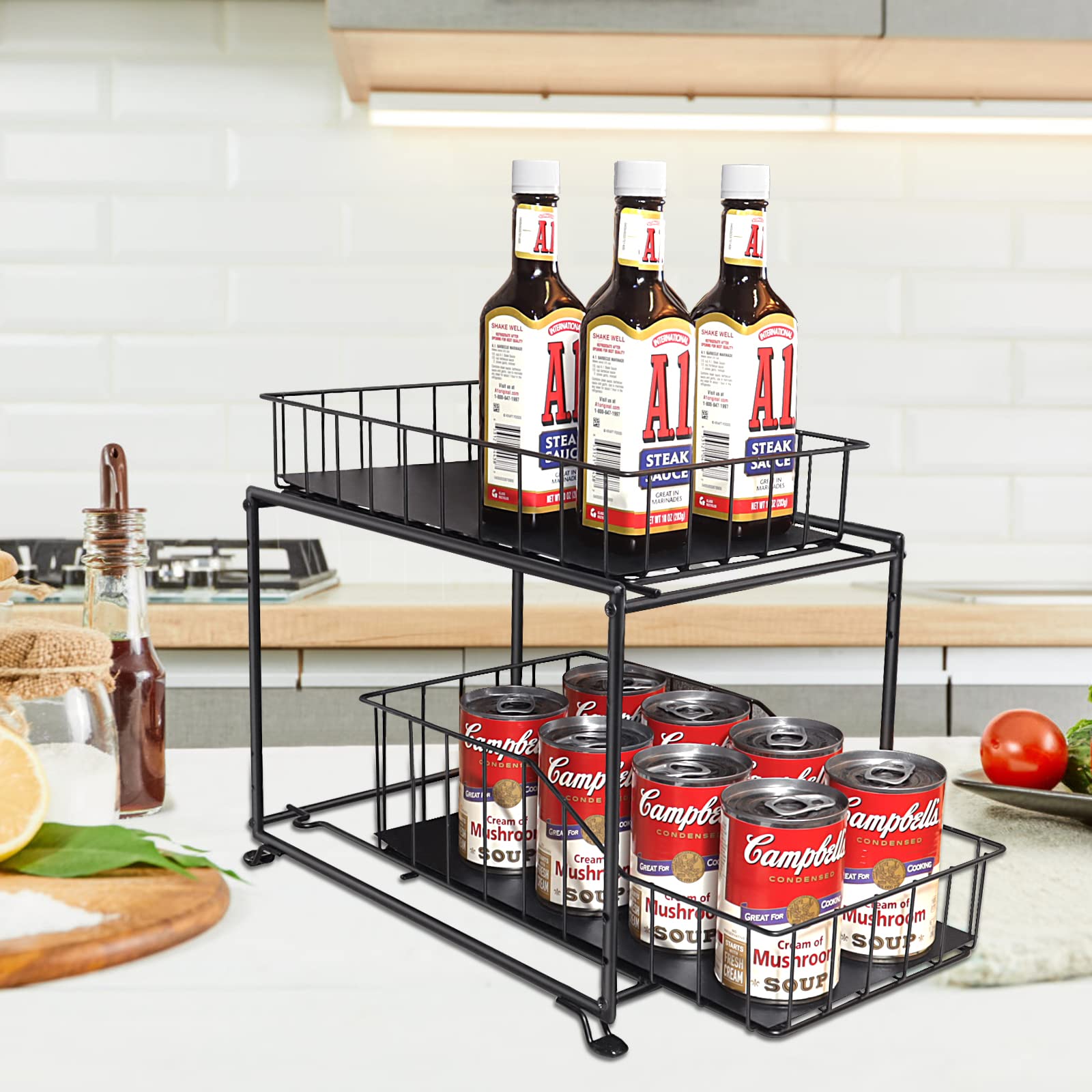 Pull Out Cabinet Organizer, 2 Tier Under Sink Organizers and Storage With Sliding Baskets, Stackable Iron Under Sink Storage for Kitchen, Bathroom, Cabinet, Countertop, Office and More, 1 Pack, Black