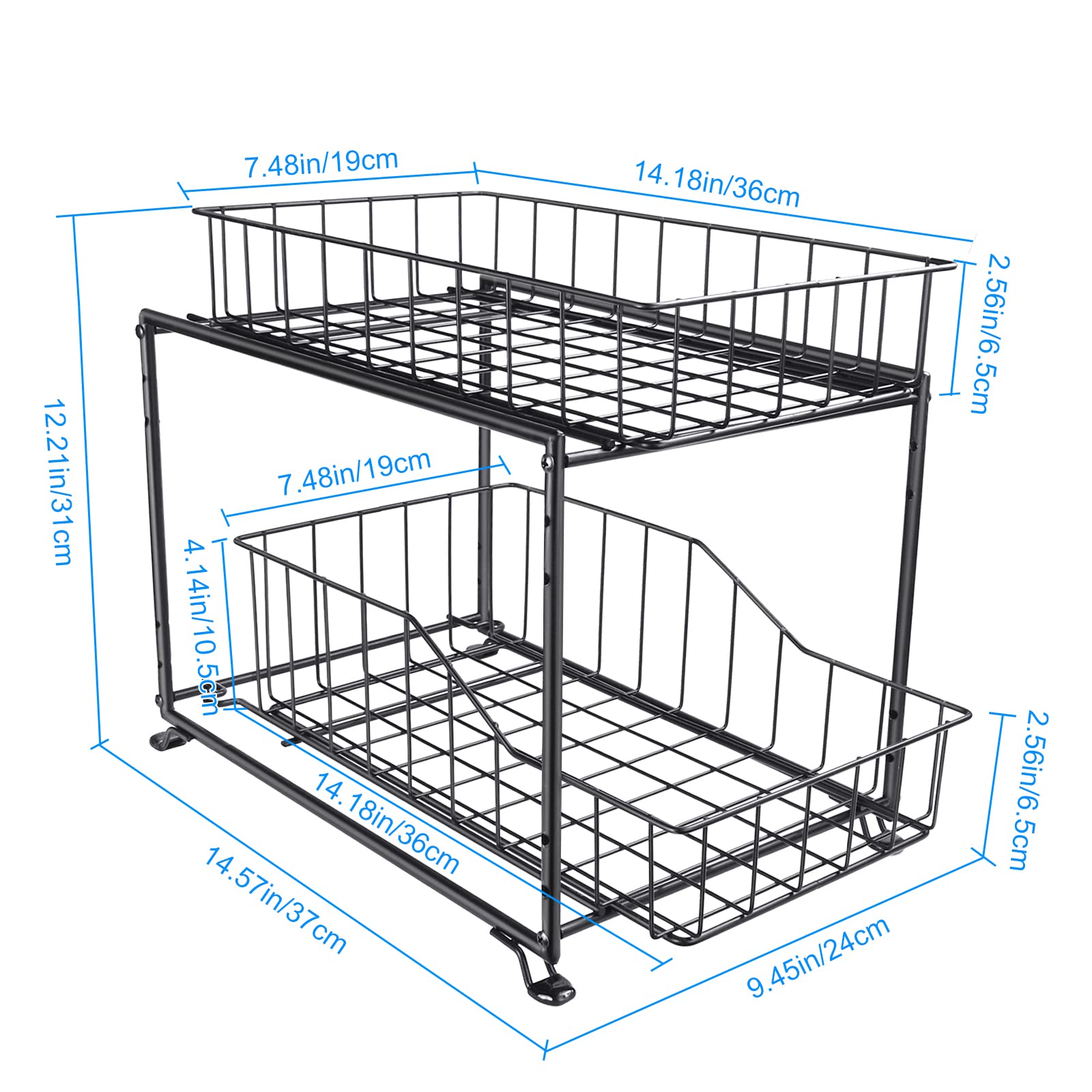 Pull Out Cabinet Organizer, 2 Tier Under Sink Organizers and Storage With Sliding Baskets, Stackable Iron Under Sink Storage for Kitchen, Bathroom, Cabinet, Countertop, Office and More, 1 Pack, Black