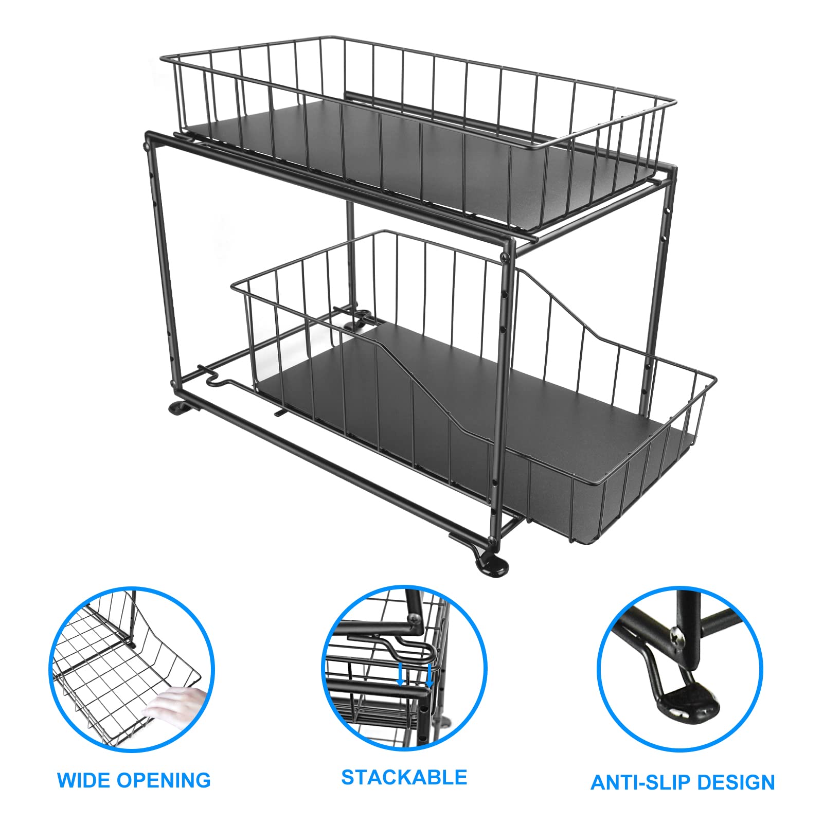 Pull Out Cabinet Organizer, 2 Tier Under Sink Organizers and Storage With Sliding Baskets, Stackable Iron Under Sink Storage for Kitchen, Bathroom, Cabinet, Countertop, Office and More, 1 Pack, Black
