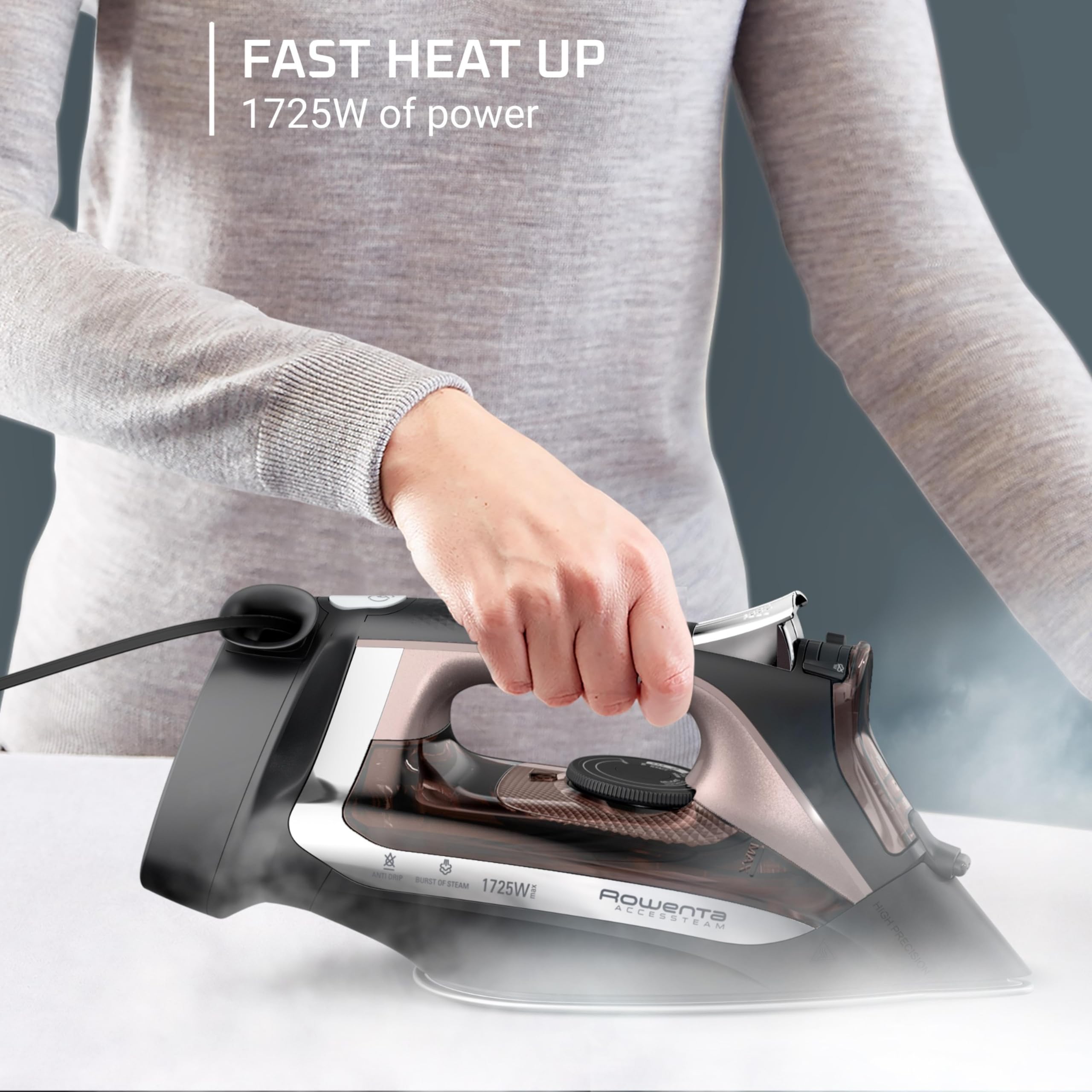 Rowenta DW2459 Access Steam Iron with Retractable Cord and Stainless Steel Soleplate, Black Large