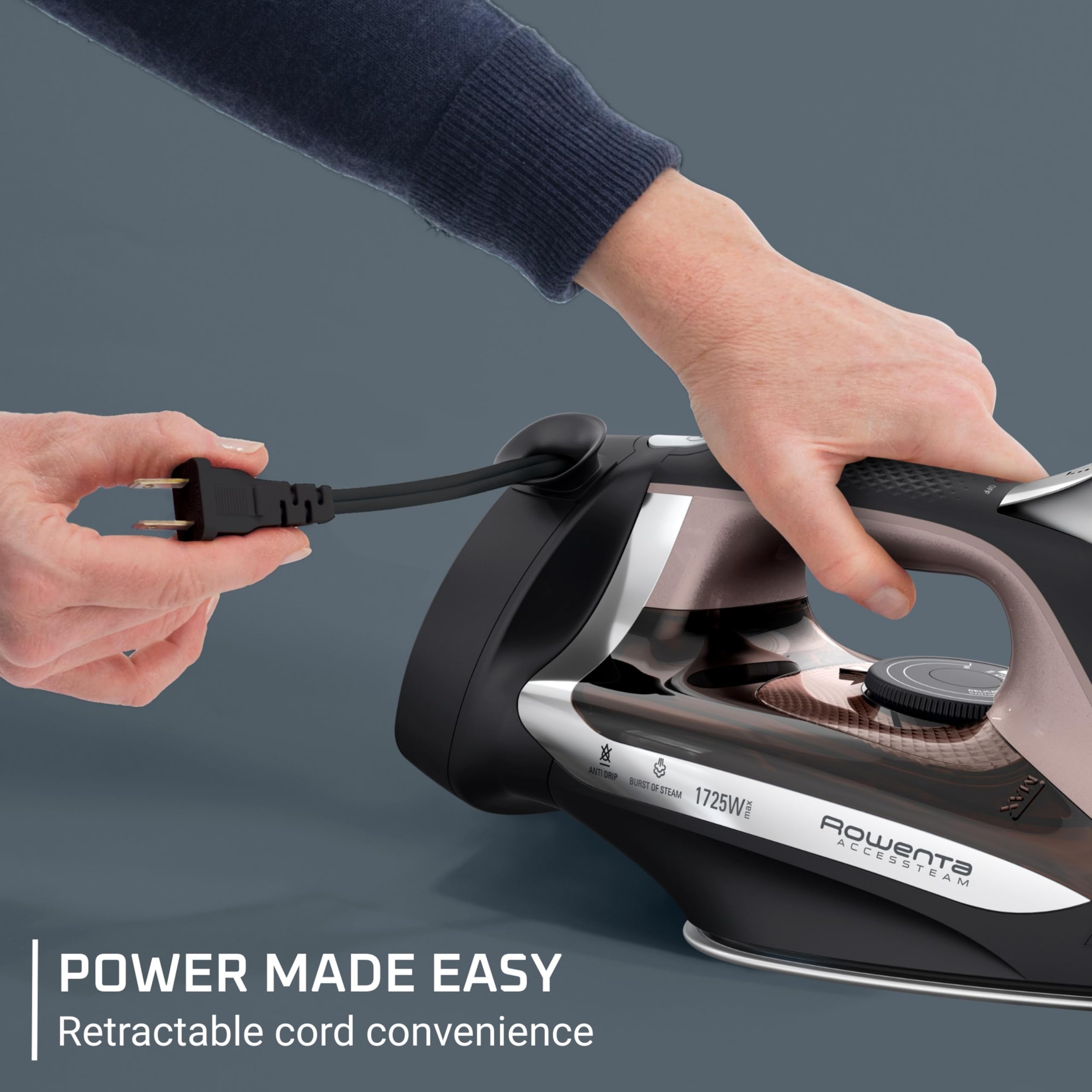Rowenta DW2459 Access Steam Iron with Retractable Cord and Stainless Steel Soleplate, Black Large