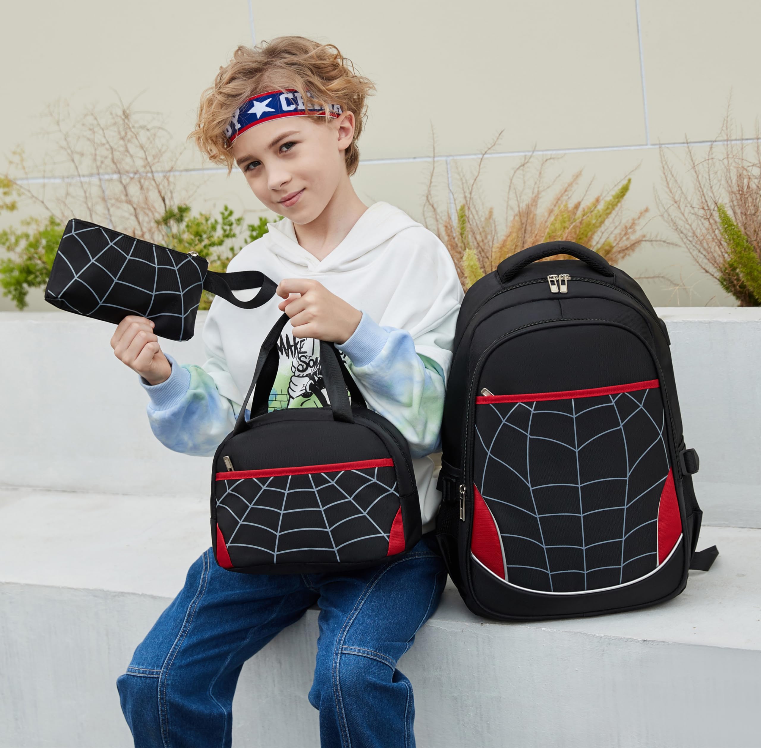 Gikizzi Boys School Backpack for Boys Backpack with Lunch Box Anime Backpack School Bag Bookbag Backpack Set for Boy Girls (Black)