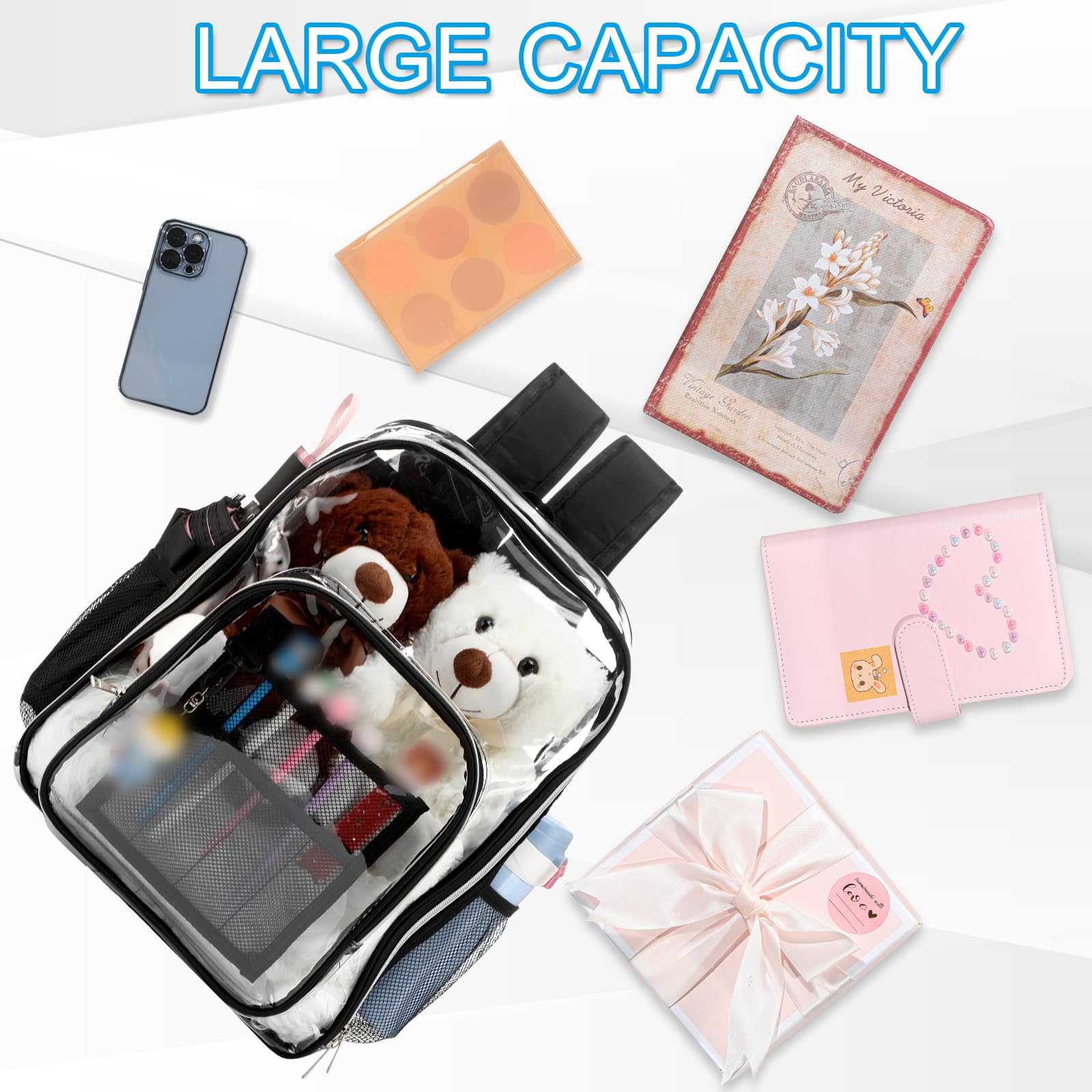 3 Pcs Clear Backpack and Lunch Bag Set, Heavy Duty Clear Bookbags Stadium Approved Transparent Bookbag School Bag with Handbag Pencil Case for Women, Black