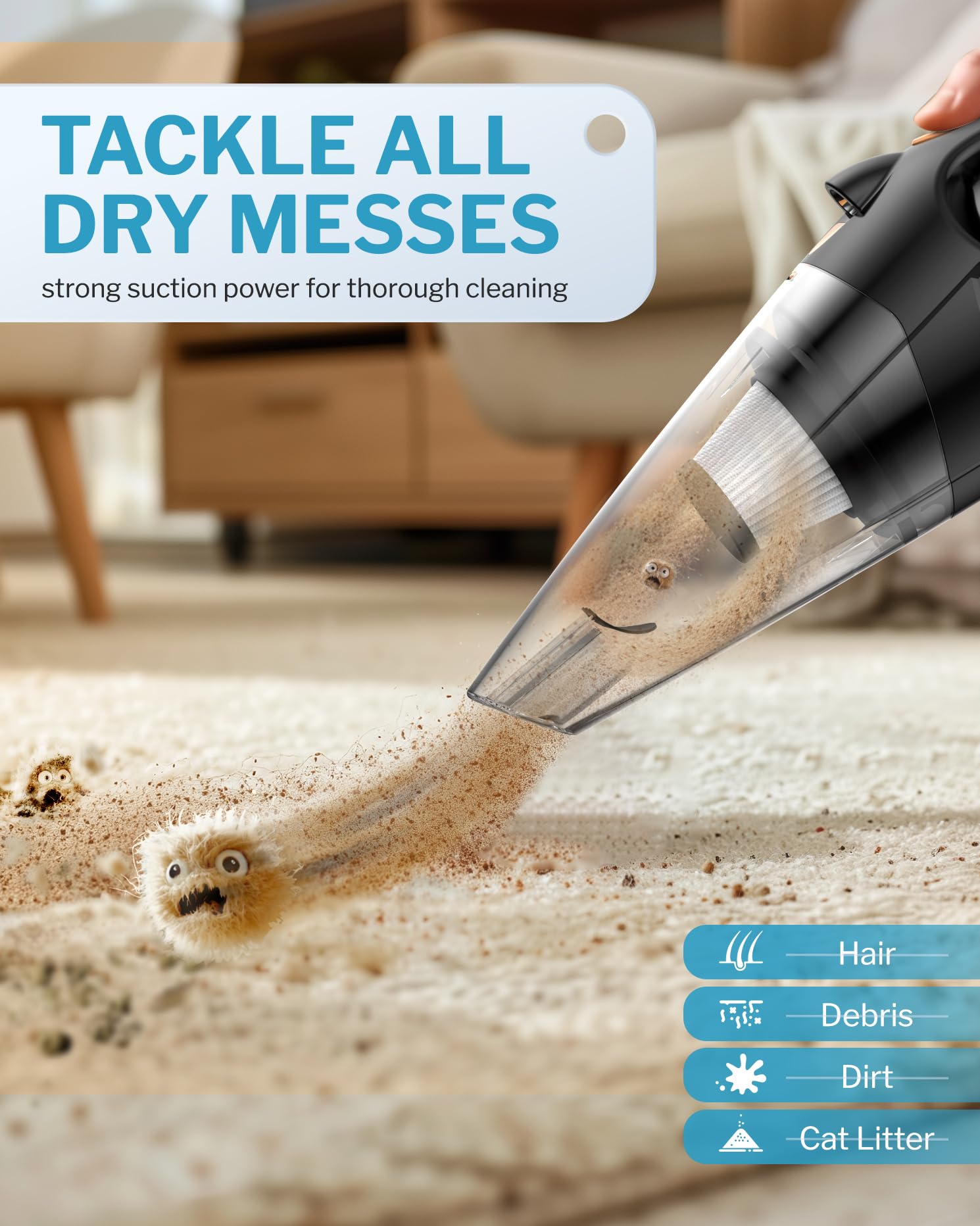 Powools Car Vacuum Cordless Rechargeable - Handheld Vacuum Cleaner High Power with Fast Cahrge Tech, Portable Vacuum with Large-Capacity Battery, Handy Handheld Vac with LED Light, Silver (PL8189)