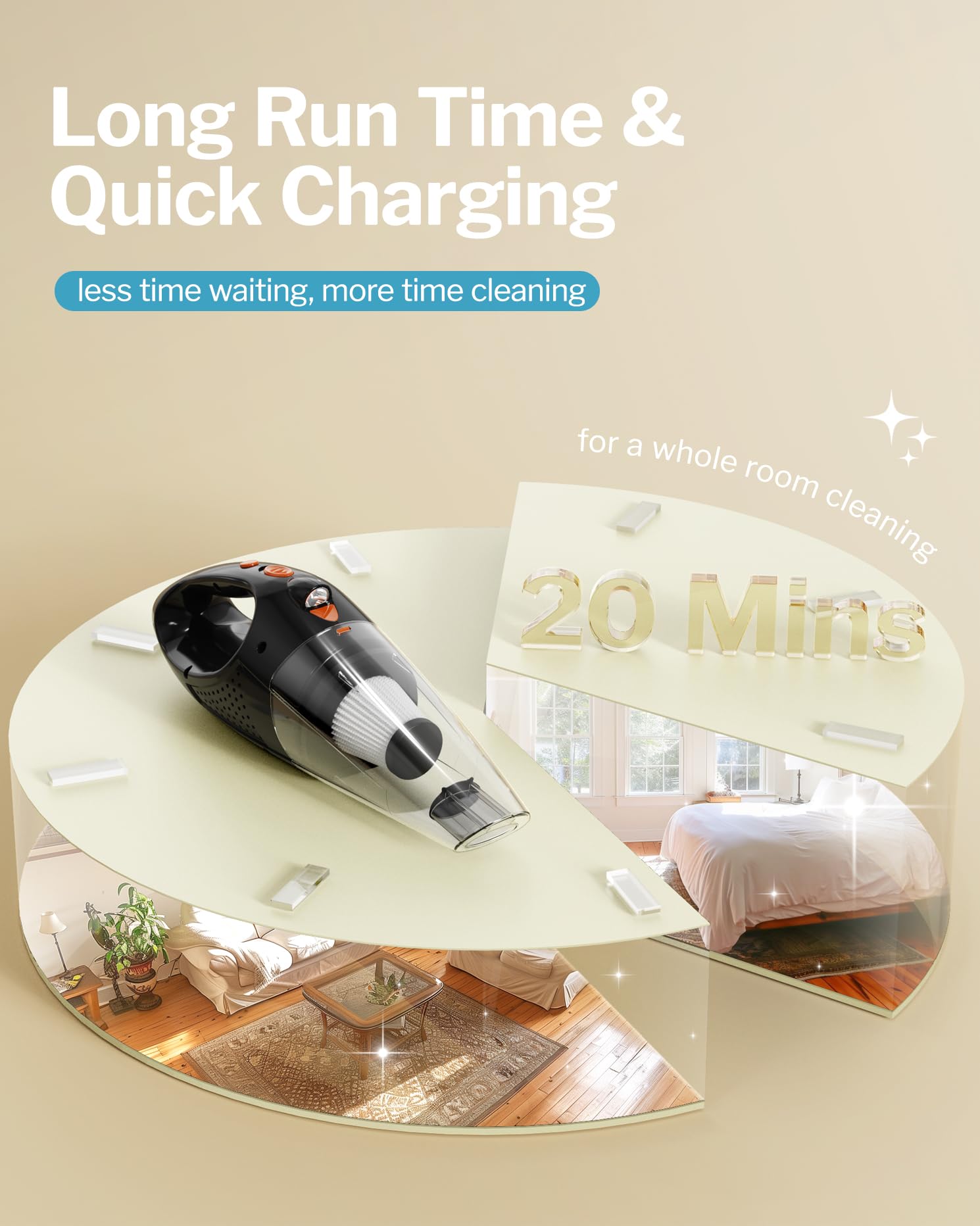Powools Car Vacuum Cordless Rechargeable - Handheld Vacuum Cleaner High Power with Fast Cahrge Tech, Portable Vacuum with Large-Capacity Battery, Handy Handheld Vac with LED Light, Silver (PL8189)