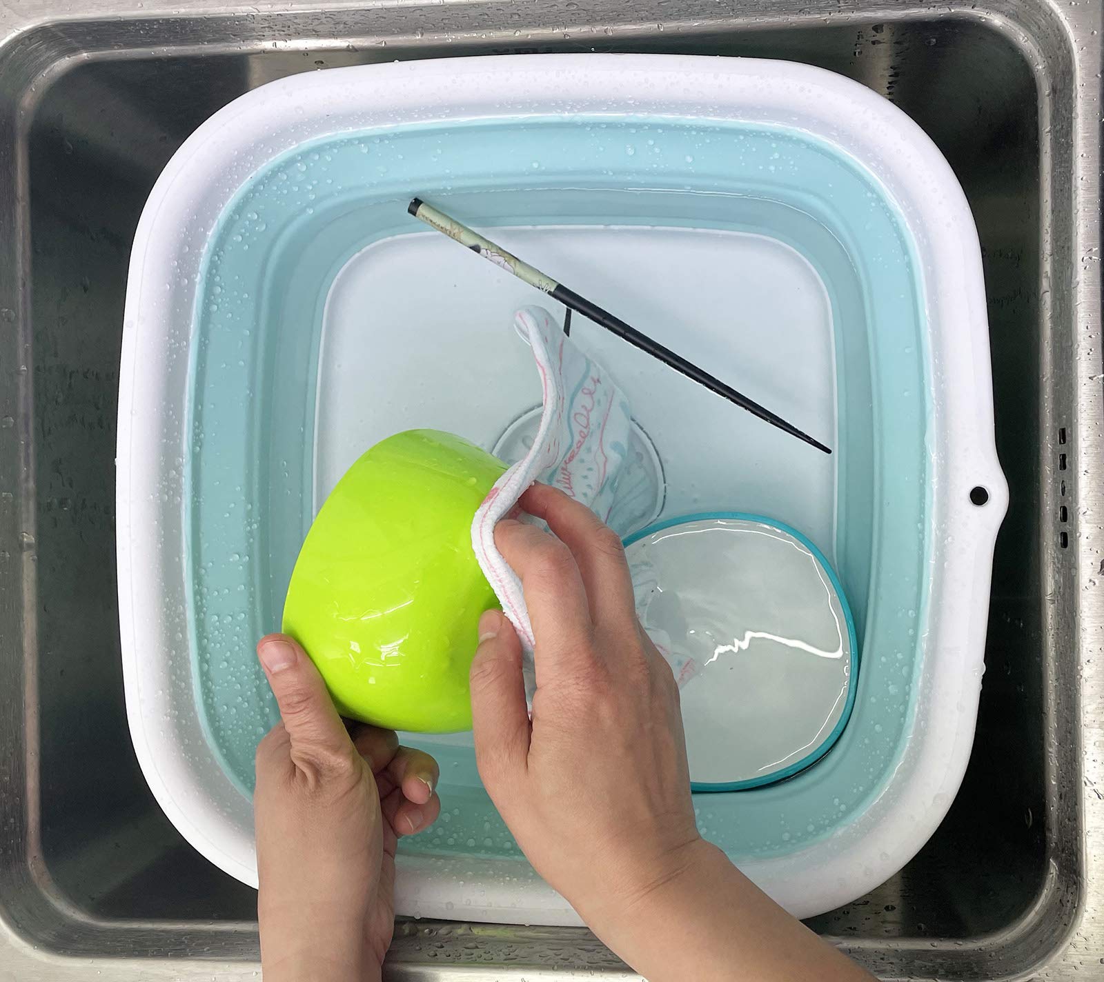 SAMMART 9.3L (2.46Gallon) Collapsible Dishpan with Draining Plug - Foldable Washing Basin - Portable Dish Washing Tub - Space Saving Kitchen Storage Tray (1, Grey/Bright Blue)