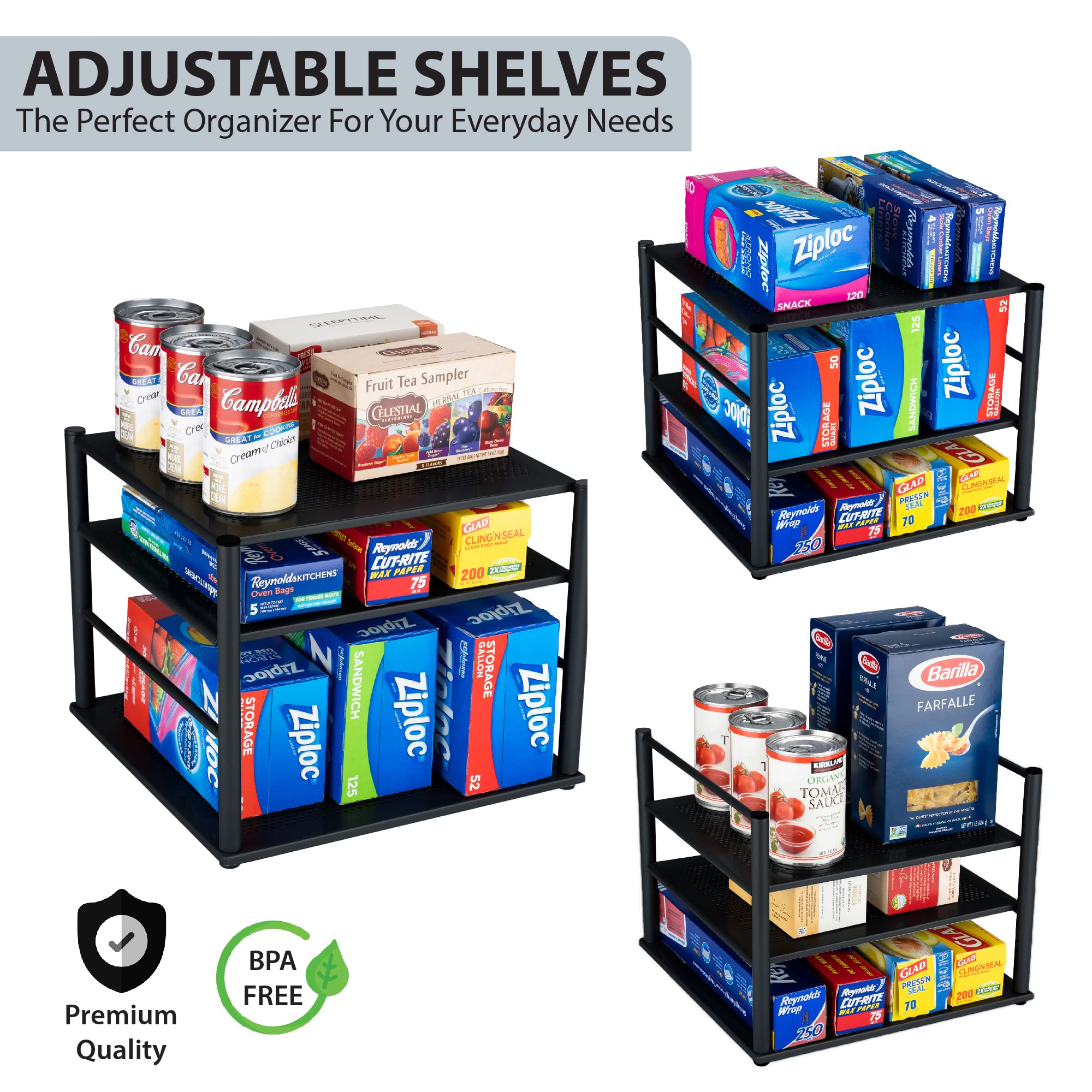 Kitchen Cabinet Organizer β Full Metal 3-Tier Black Pantry Organizer with Adjustable Shelves β Kitchen Foil and Plastic Wrap Organizer for RV, Camper, Home Organization and Storage β 12 x 11.25 inch