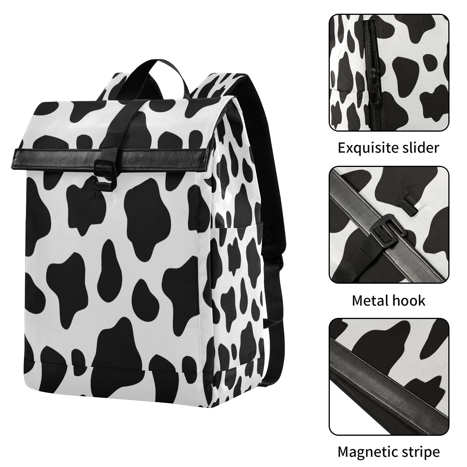 Cow Print Backpack Roll Top Backpack Black White Trendy Backpack Women & Men Casual Daypack Laptop Pocket