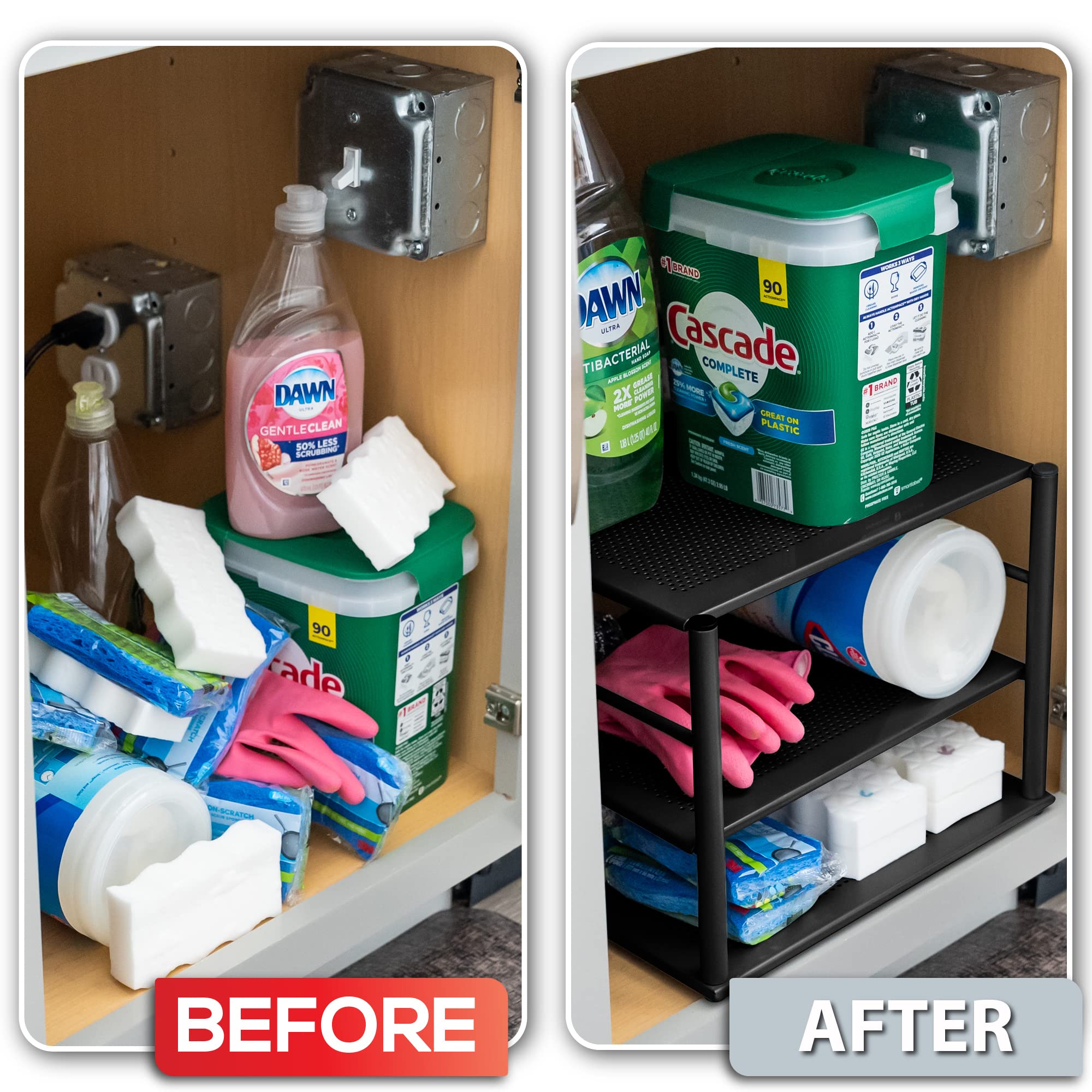Kitchen Cabinet Organizer β Full Metal 3-Tier Black Pantry Organizer with Adjustable Shelves β Kitchen Foil and Plastic Wrap Organizer for RV, Camper, Home Organization and Storage β 12 x 11.25 inch