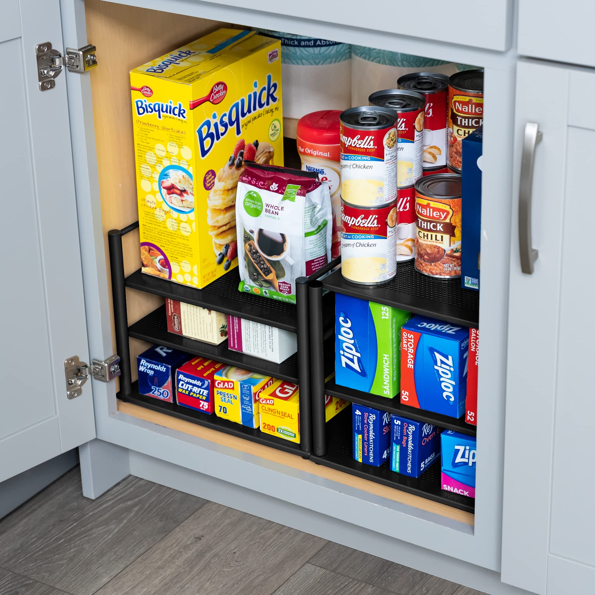 Kitchen Cabinet Organizer β Full Metal 3-Tier Black Pantry Organizer with Adjustable Shelves β Kitchen Foil and Plastic Wrap Organizer for RV, Camper, Home Organization and Storage β 12 x 11.25 inch