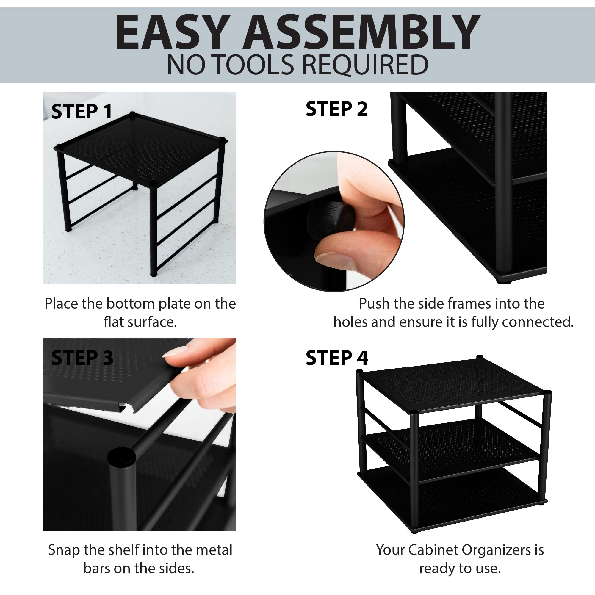 Kitchen Cabinet Organizer β Full Metal 3-Tier Black Pantry Organizer with Adjustable Shelves β Kitchen Foil and Plastic Wrap Organizer for RV, Camper, Home Organization and Storage β 12 x 11.25 inch