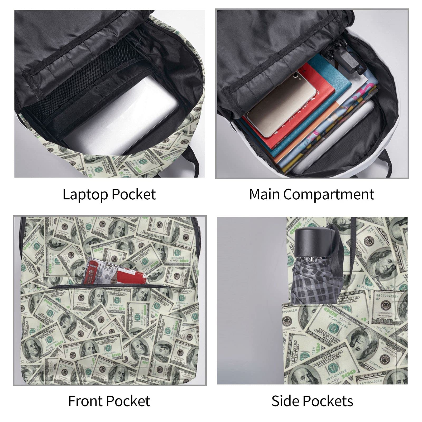 FeHuew 16 inch backpack US Dollar Money Laptop Backpack Full Print School Bookbag Shoulder Bag for Travel Daypack