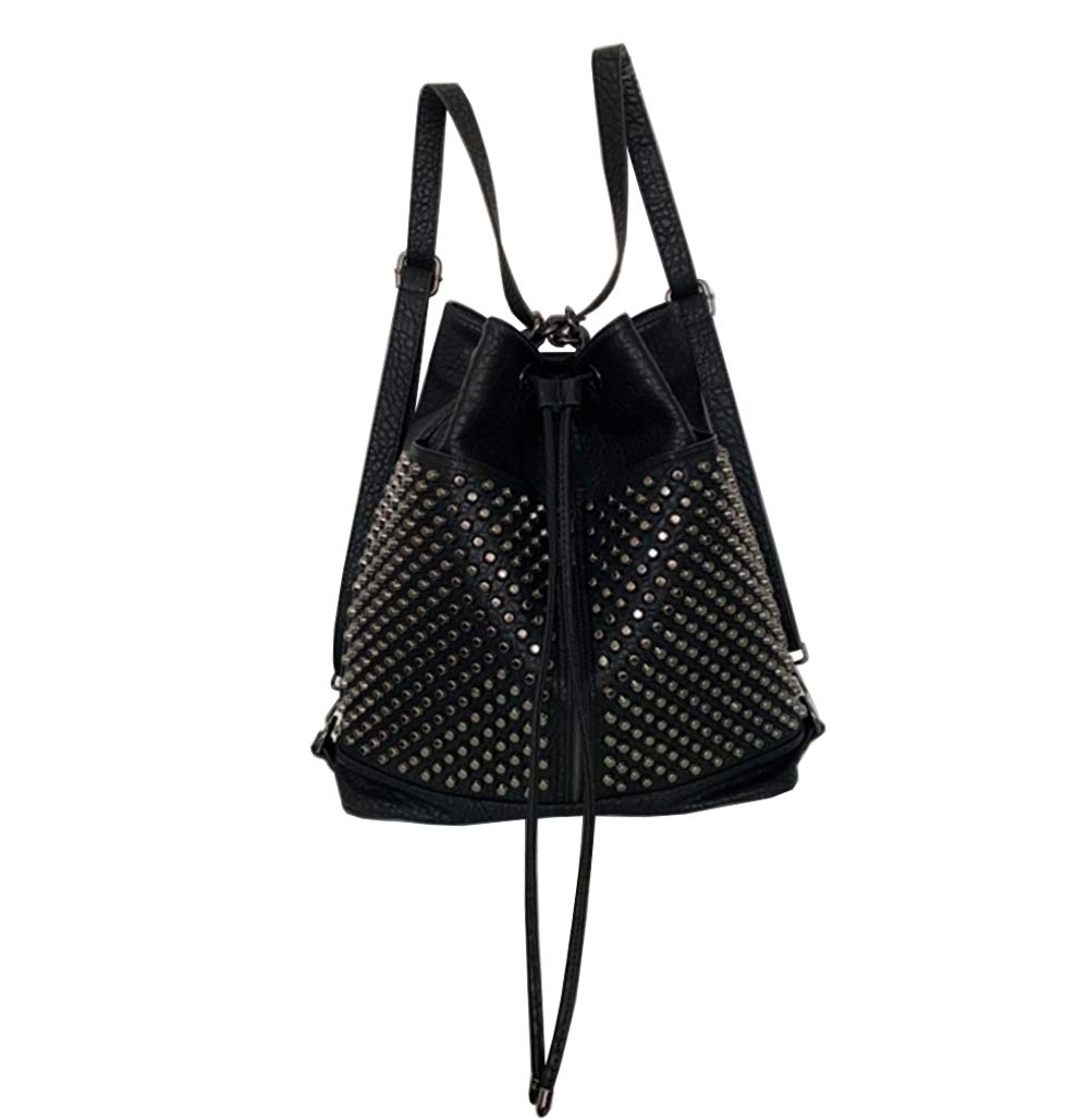 Chikencall Over-size Studded Bucket Bag or Women,3 Ways Multifunction Backpack Vegan Leather Punk Rock Rivet Large Shoulder Bag Crossbody Bag Black