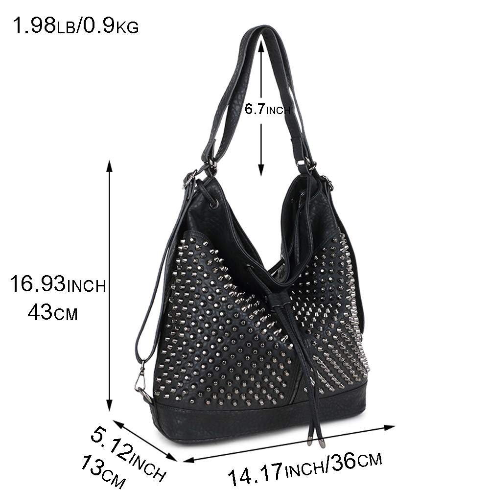 Chikencall Over-size Studded Bucket Bag or Women,3 Ways Multifunction Backpack Vegan Leather Punk Rock Rivet Large Shoulder Bag Crossbody Bag Black
