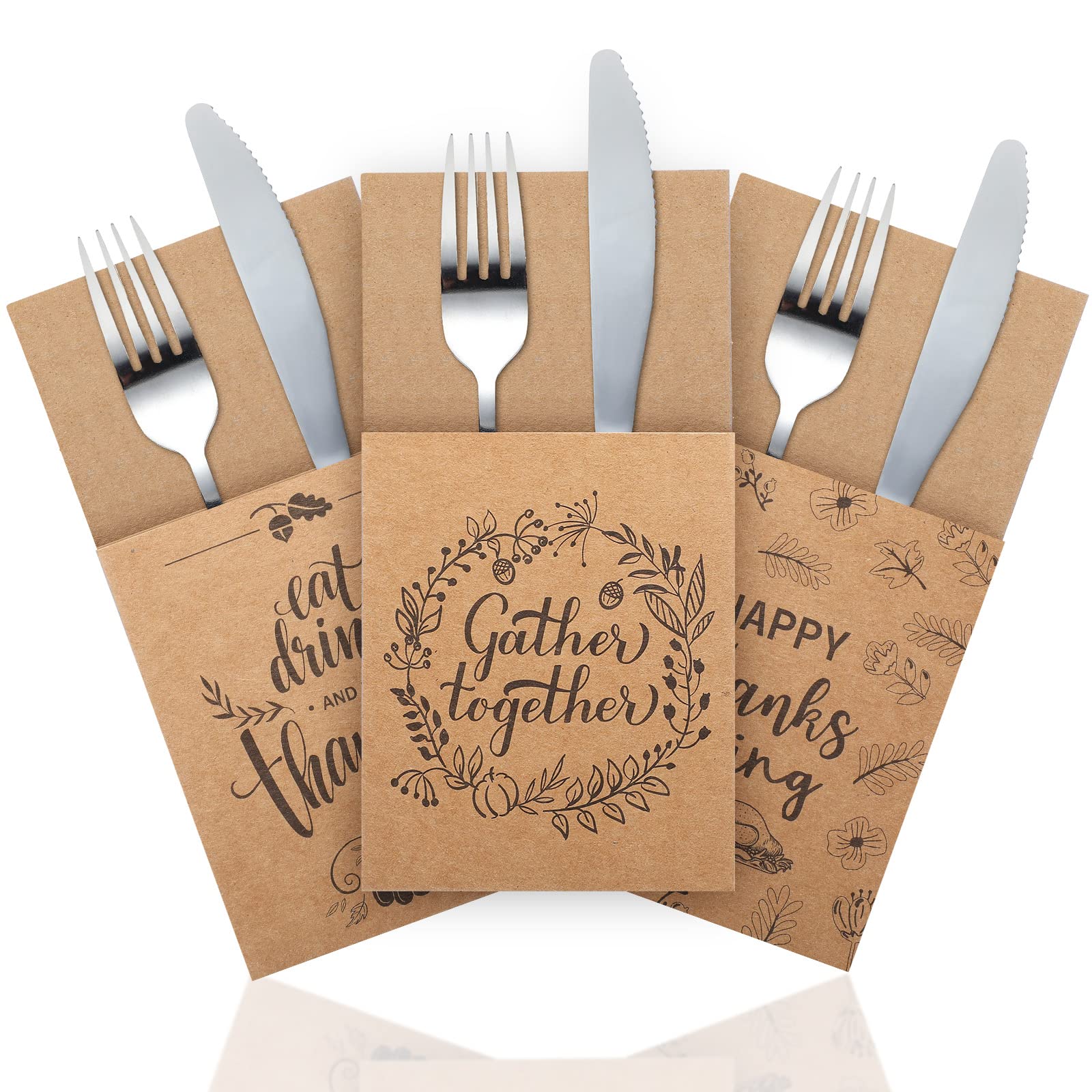 60 Pcs Thanksgiving Cutlery Holder Set Thanksgiving Turkey Utensil Holder Party Utensil Holder Pockets for Autumn Fall Harvest Party Favor Supply Table Decor