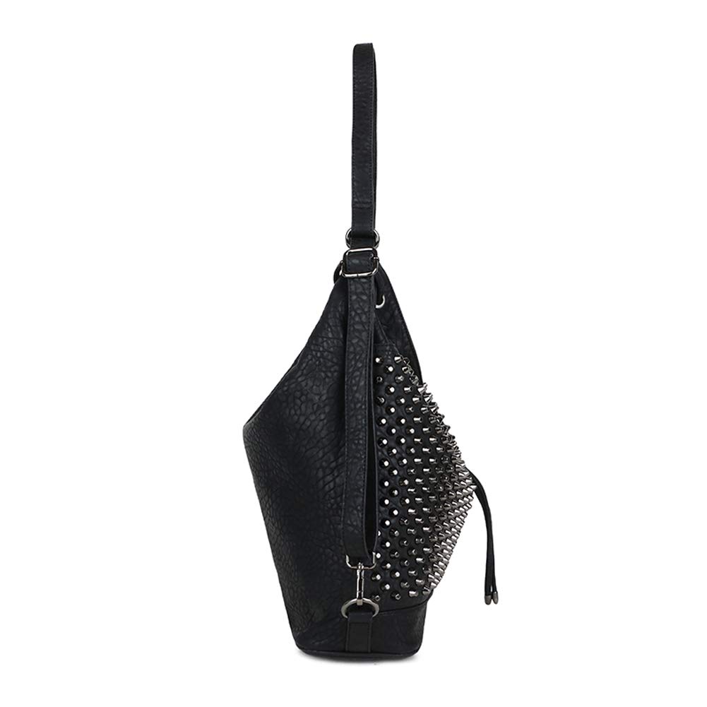 Chikencall Over-size Studded Bucket Bag or Women,3 Ways Multifunction Backpack Vegan Leather Punk Rock Rivet Large Shoulder Bag Crossbody Bag Black