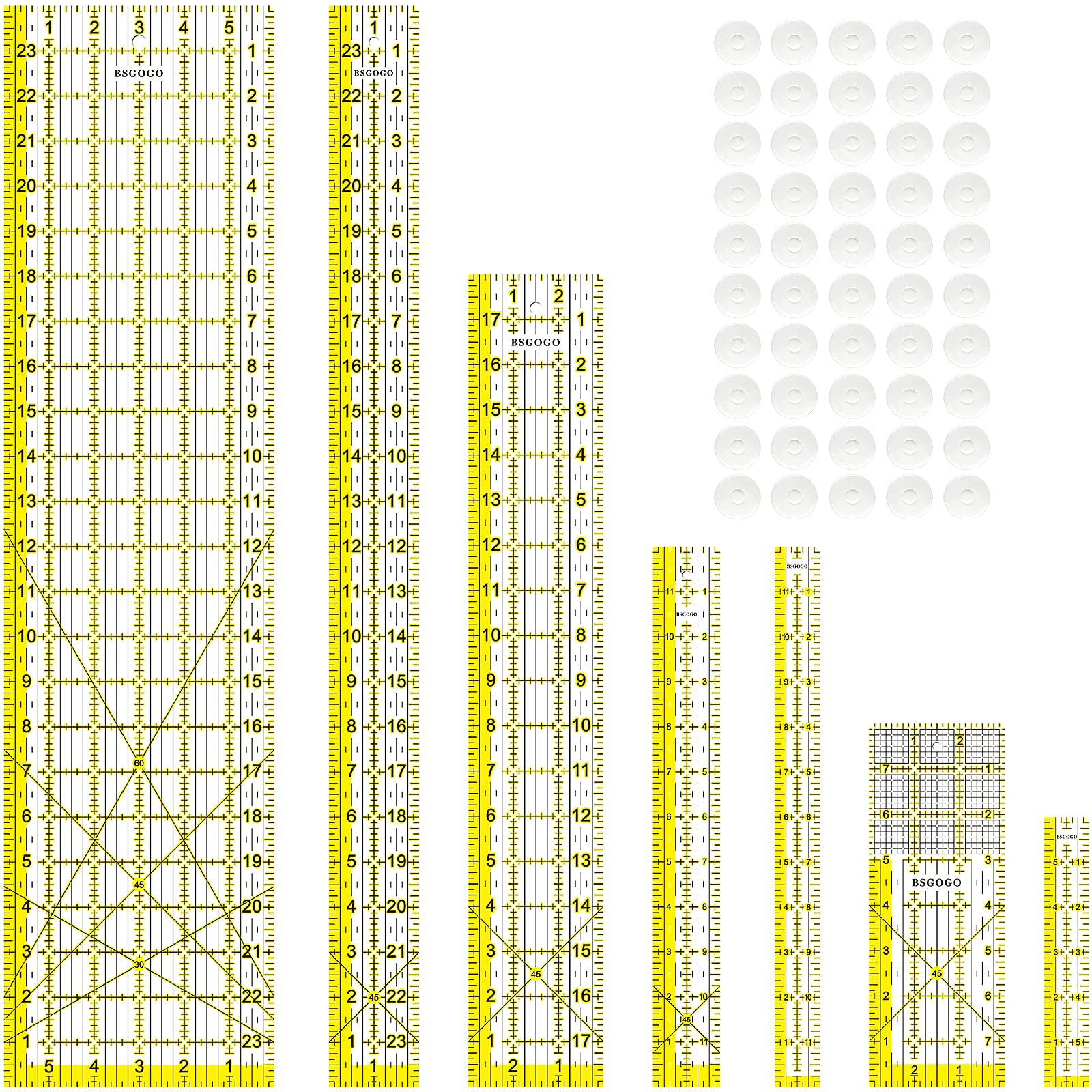 Acrylic Ruler 7 Piece Set , Non Slip Rings 50 Pieces,Quilting Rulers, Size (6"x24"),(2"x24"),(3"x18"),(3"x8"),(1.5"x12"),(1"x12"),(1"x6")