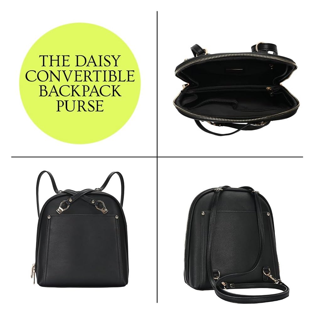 MMS Brands Miztique The Daisy Convertible Backpack Purse for Women, Soft Vegan Leather Crossbody Bag -Black