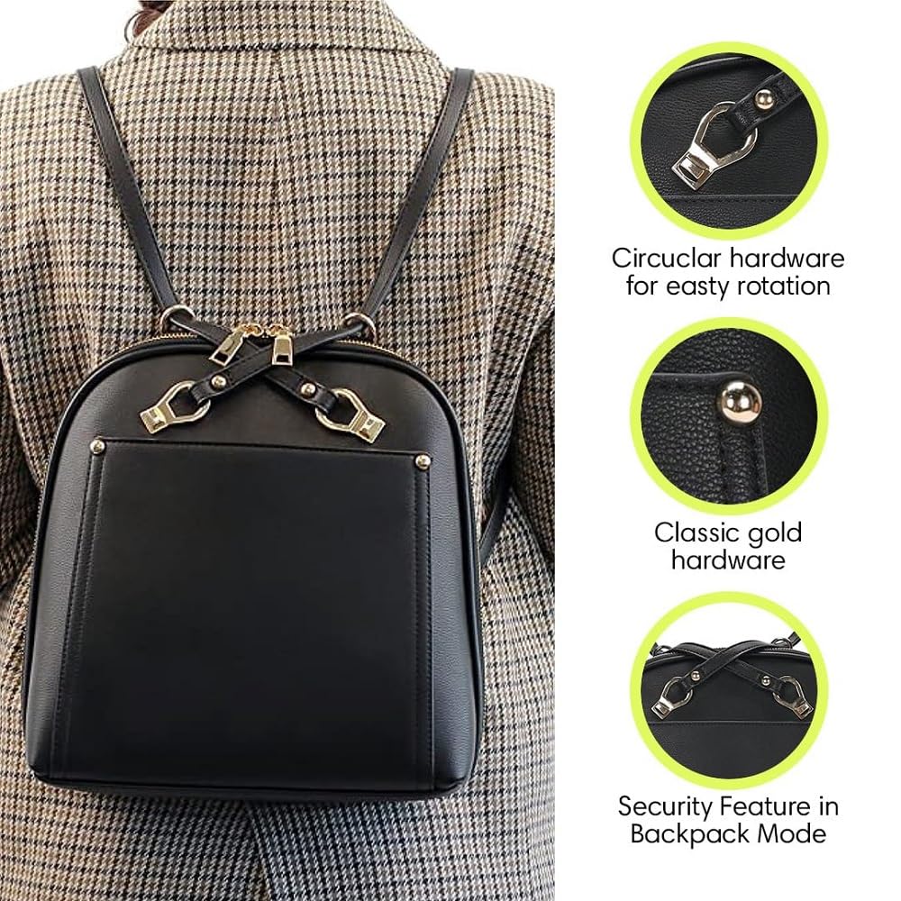 MMS Brands Miztique The Daisy Convertible Backpack Purse for Women, Soft Vegan Leather Crossbody Bag -Black