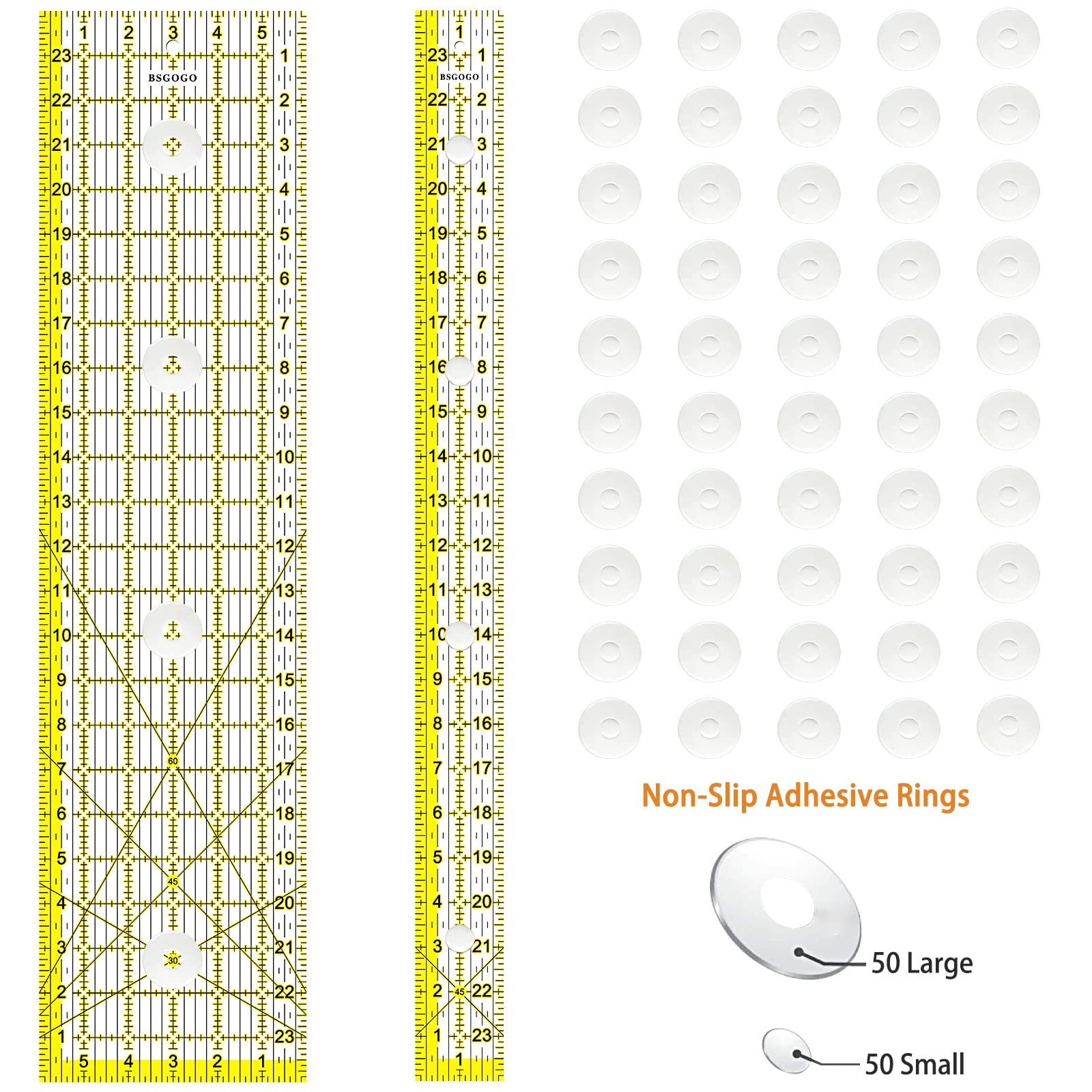 Acrylic Ruler 7 Piece Set , Non Slip Rings 50 Pieces,Quilting Rulers, Size (6"x24"),(2"x24"),(3"x18"),(3"x8"),(1.5"x12"),(1"x12"),(1"x6")