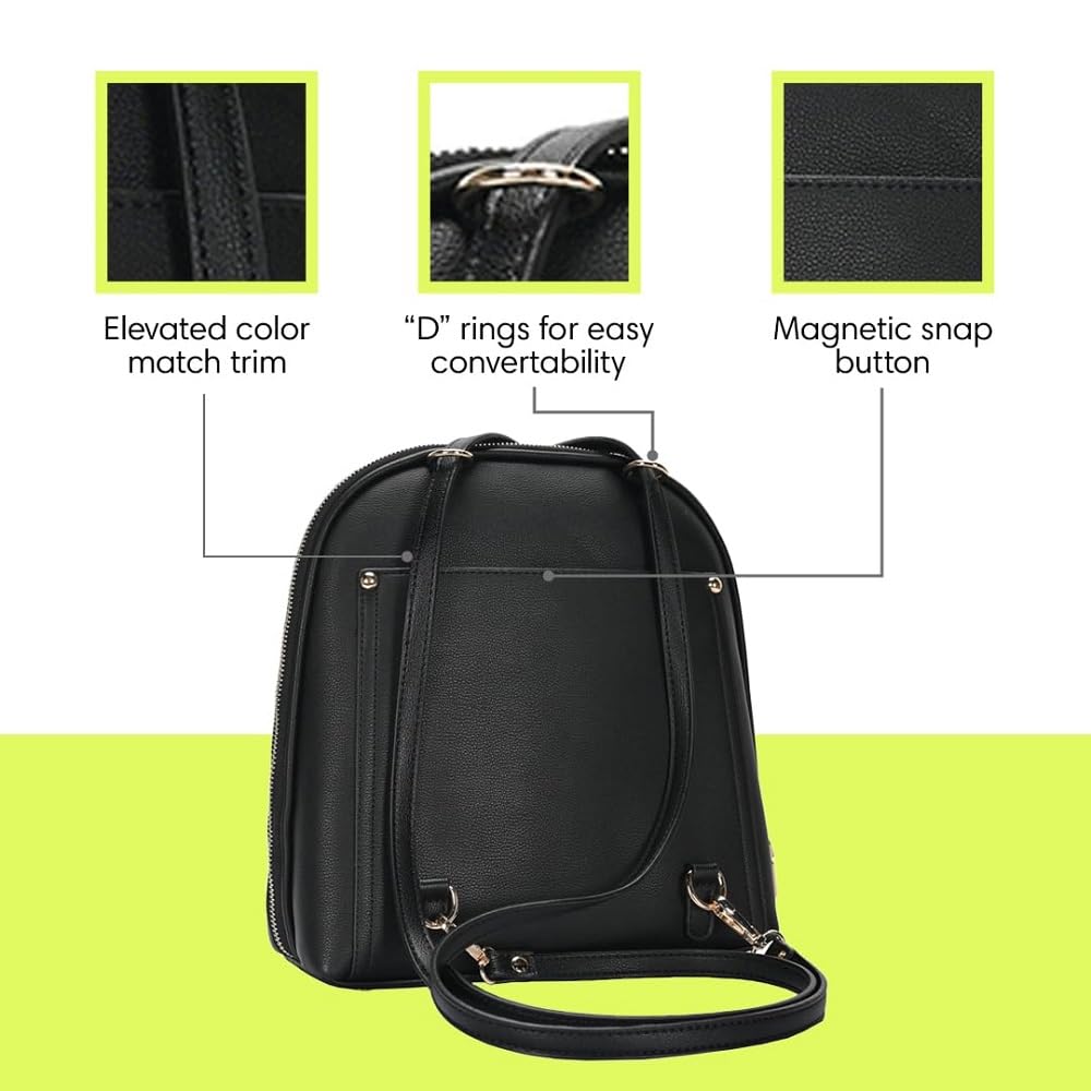 MMS Brands Miztique The Daisy Convertible Backpack Purse for Women, Soft Vegan Leather Crossbody Bag -Black